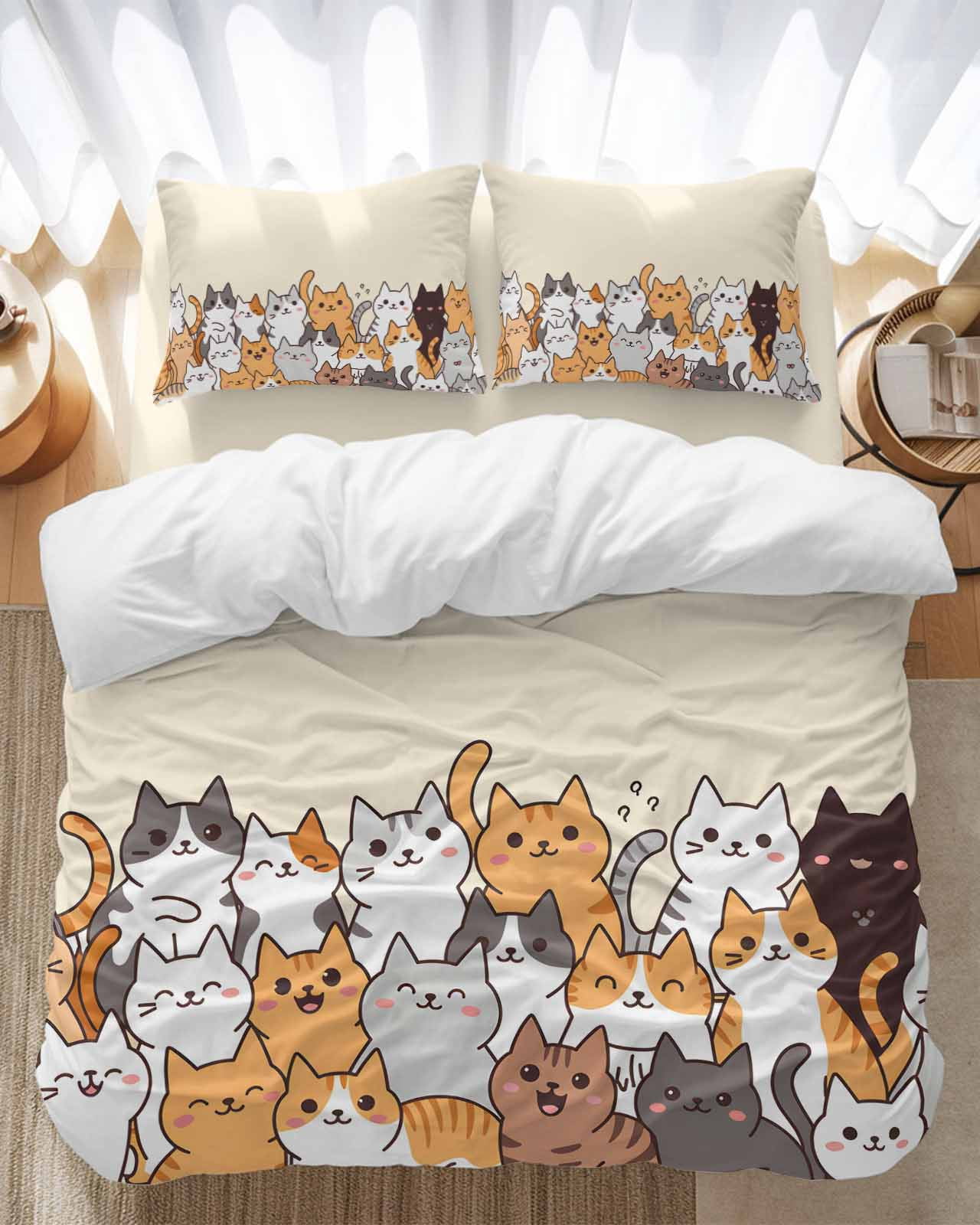 Cartoon Cat Bedding Duvet Cover Set Queen Size 4 Pieces Cute Kitten ...