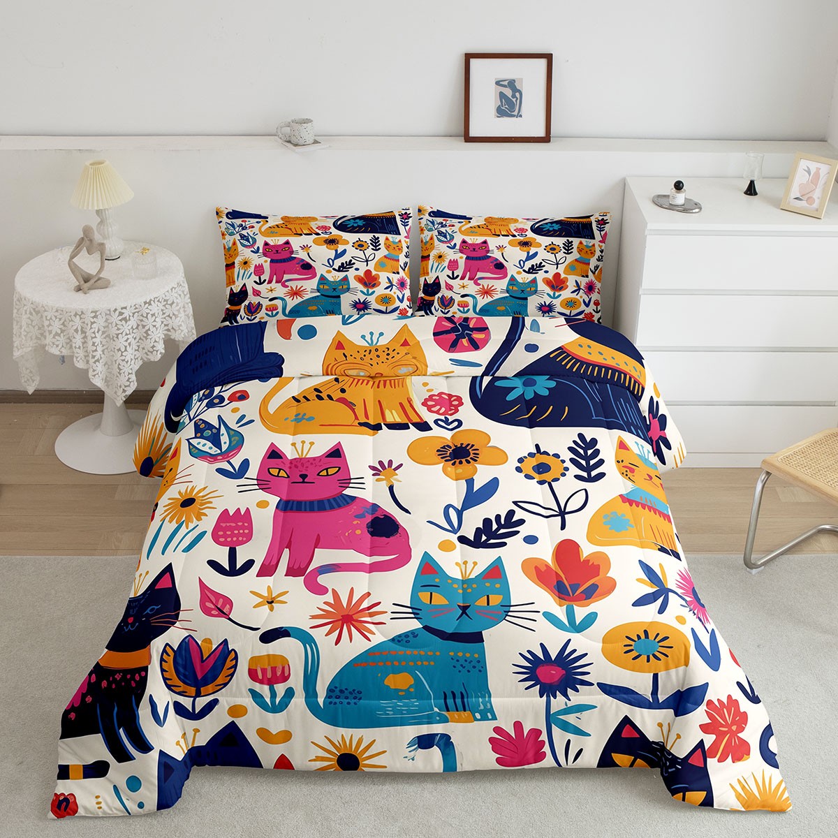 Cartoon Cat Bedding Sets Bohemian Flowers Comforter Set,Colorful Groovy ...