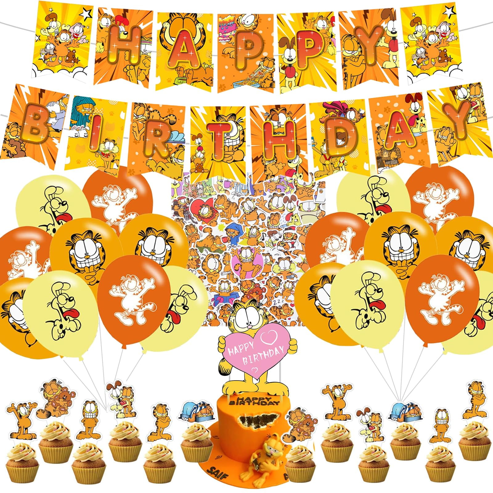Cartoon Cat Birthday Party Decorations, Cartoon Orange Cat Party Supplies with Happy Birthday ...