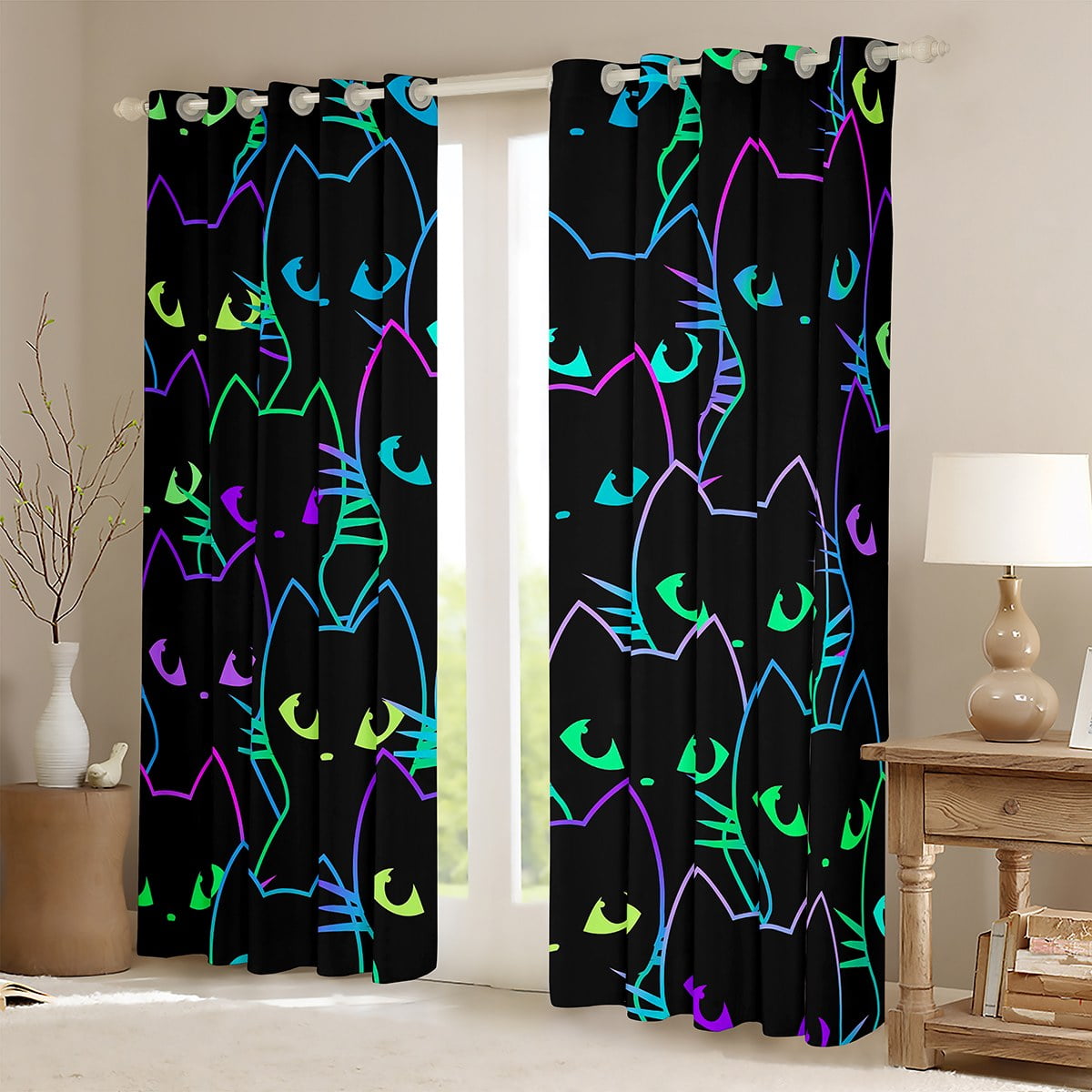 Cartoon Cat 30%-50% Blackout Curtains Simple Strokes Cat Themed ...