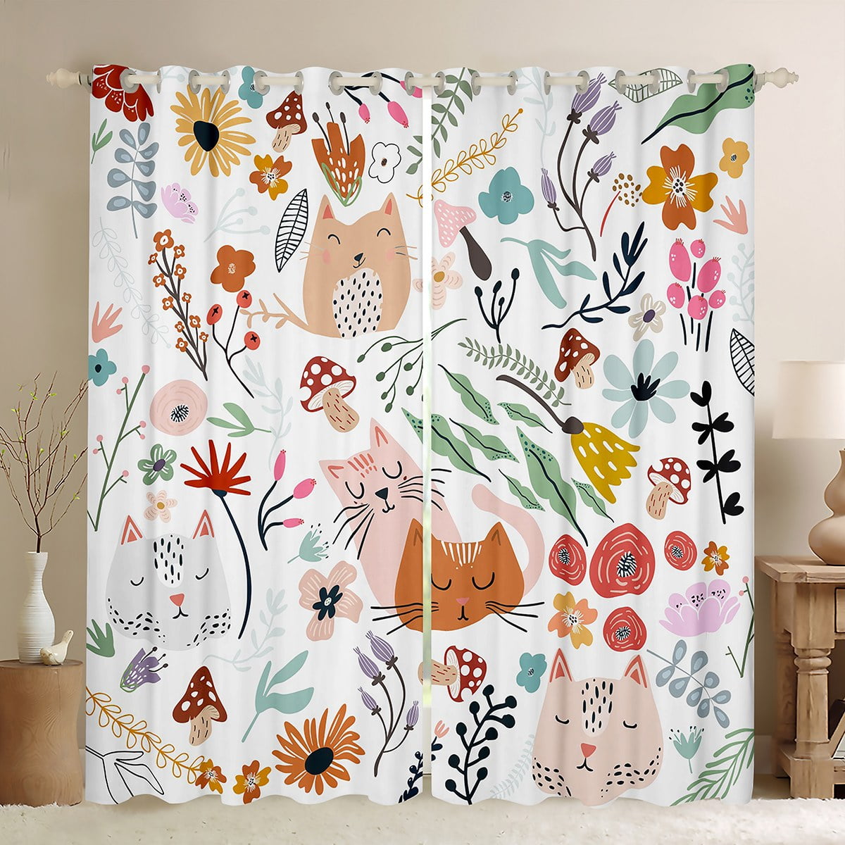 Cartoon Cat Blackout Curtains Floral Curtains 2 Panels 38"Wx45"L,Cute ...
