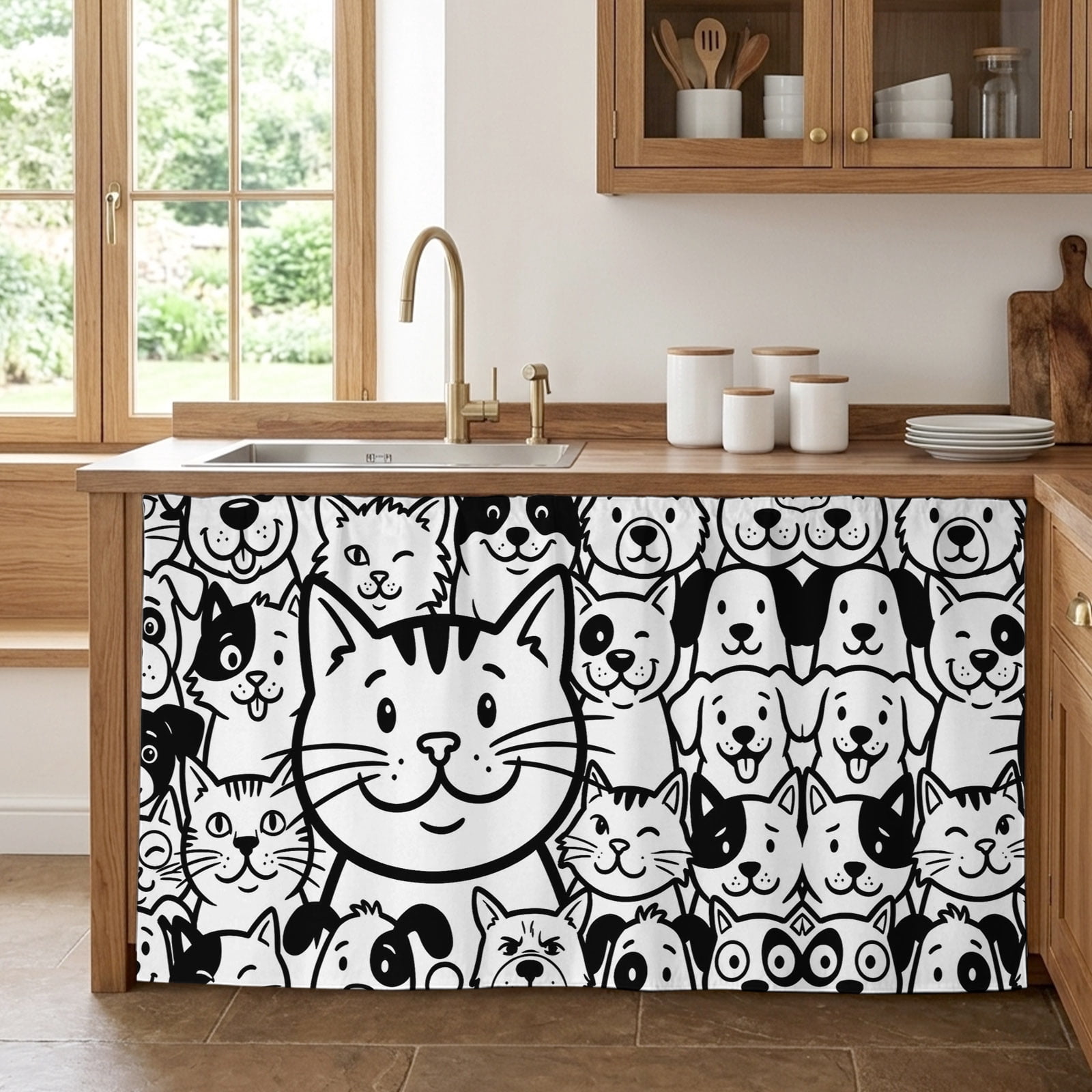 Cartoon Cat Cabinet Curtains for Kitchen 32"W x 55"L, Cute Dog Black ...