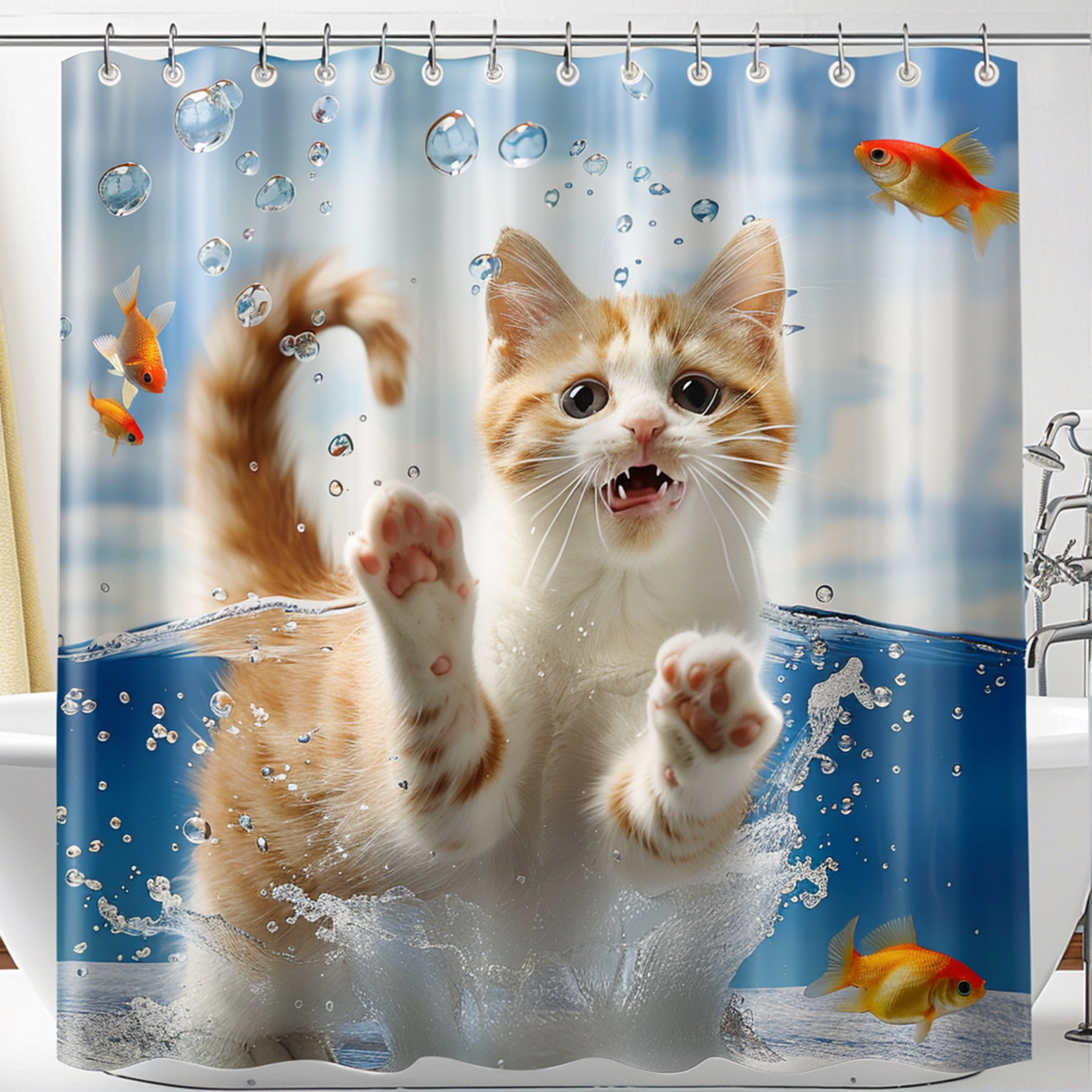 Cartoon Cat Chasing Fish Shower Curtain Cute Orange and White Cat in ...