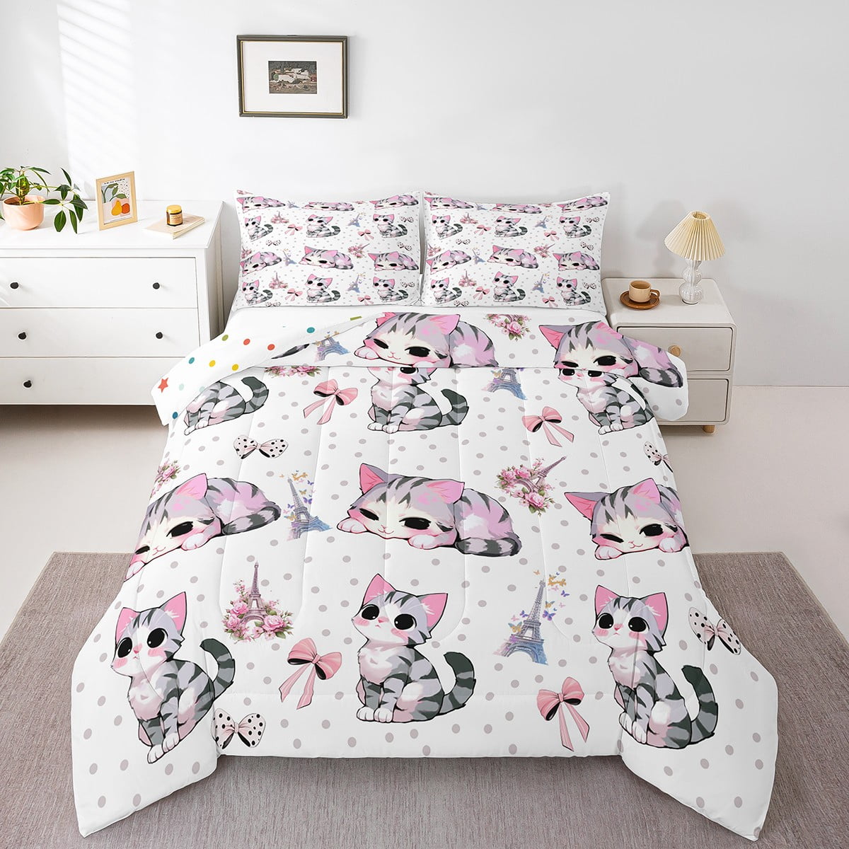 Cartoon Cat Comforter Set Full Size,Paris Eiffel Tower Bedding,Girls ...