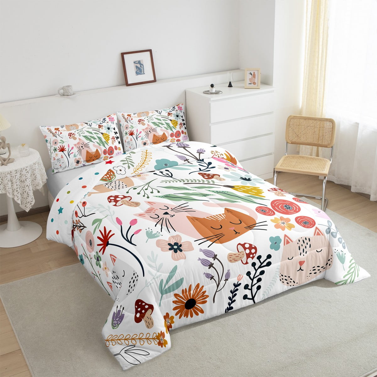 Cartoon Cat Comforter Set Floral Queen Bedding Sets,Cute Animal Kitten ...