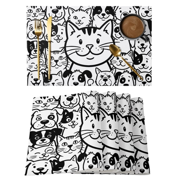 Cartoon Cat Cotton Linen Placemats Set of 8, Cute Dog Black White Line ...