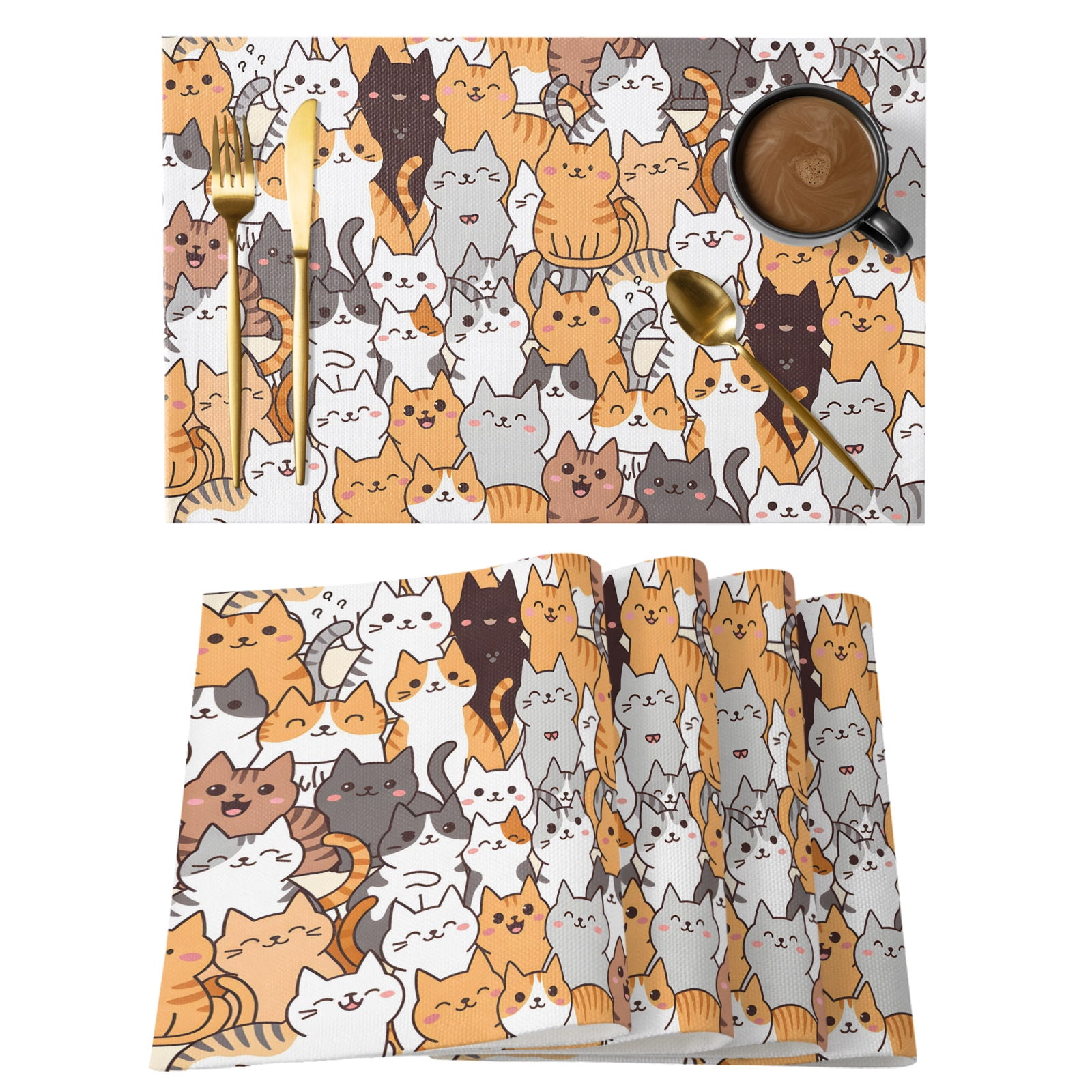 Cartoon Cat Cotton Linen Placemats Set of 8, Cute Kitten Washable Table ...