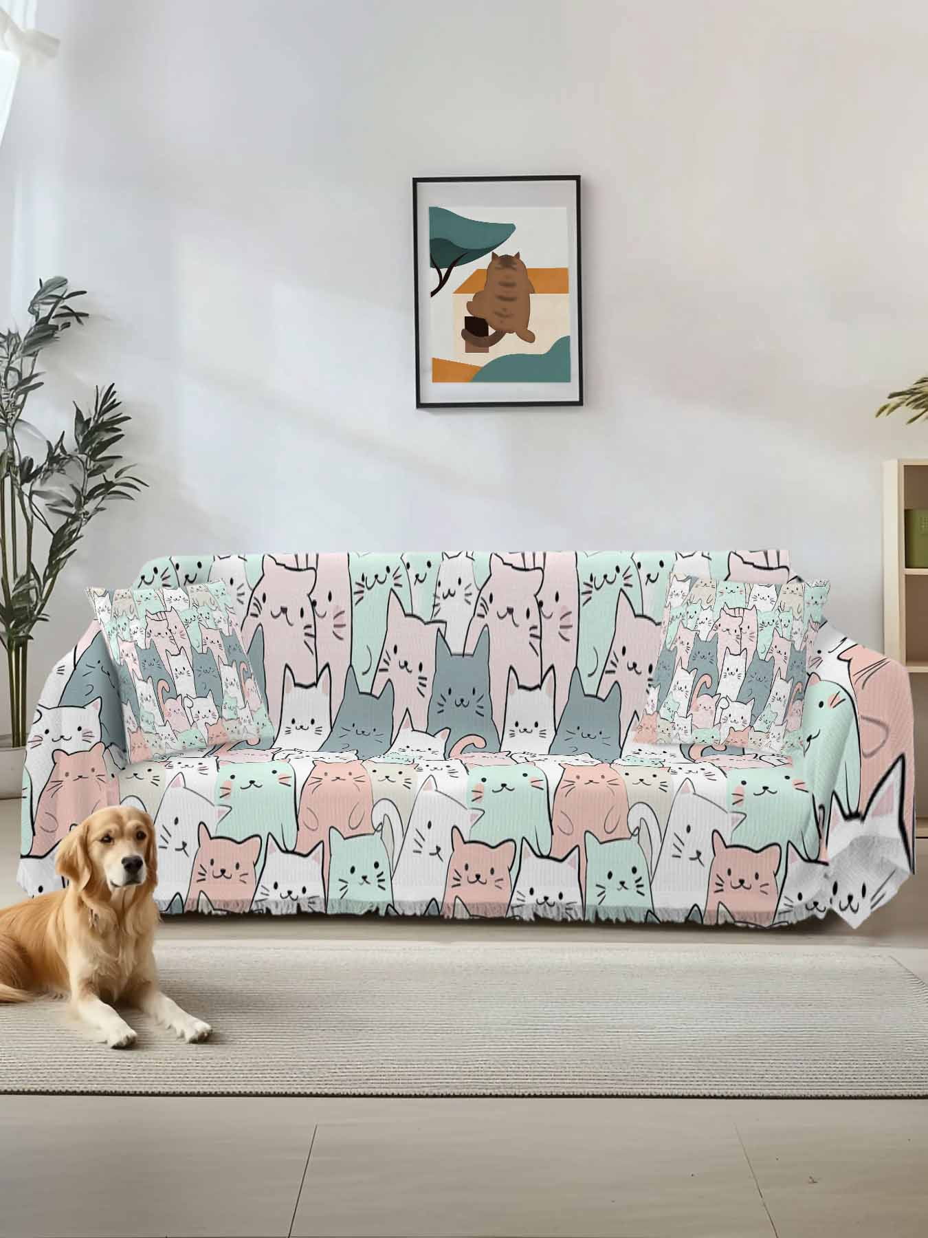 Cartoon Cat Couch Cover for 2 Cushion Sofa, Funny Cute Colorful Animal ...