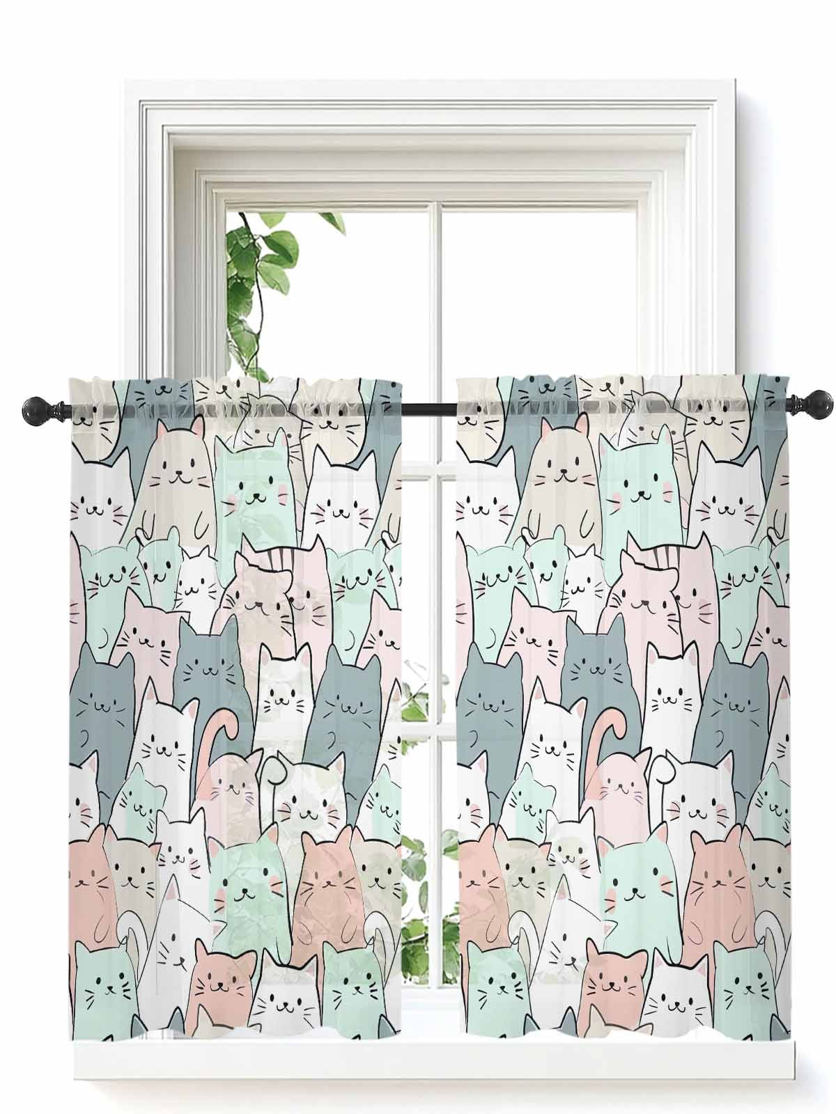 Cartoon Cat Curtains 45 Inch Length, Sheer Curtains for Bedroom Living ...