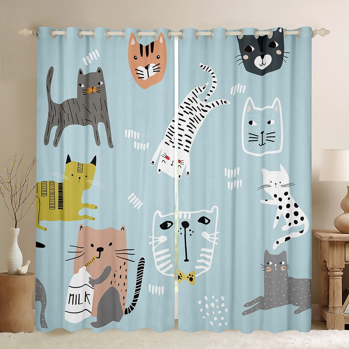 Cartoon Cat Curtains, Cute Cat Blackout Curtains Kawaii Animal Curtains ...