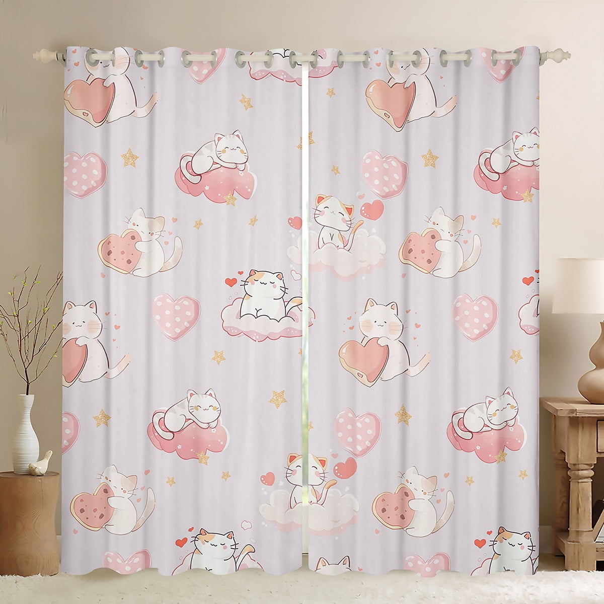 Cartoon Cat Curtains,Pink Love Cloud Pattern Window Curtain,Cute Pet ...