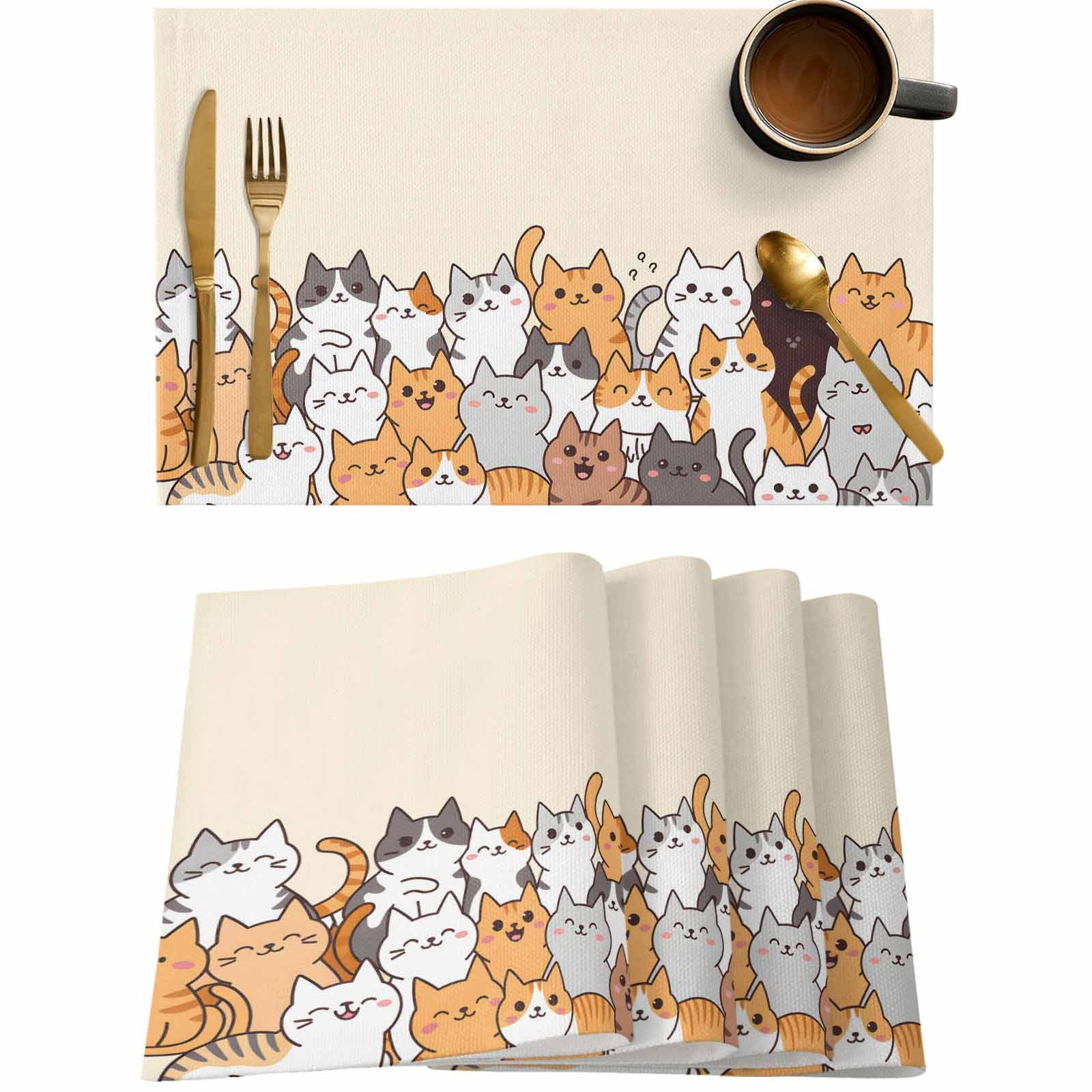 Cartoon Cat Cute Animal Placemats Set of 4,Wipeable Washable Table Mats for Dining Tables,Funny ...
