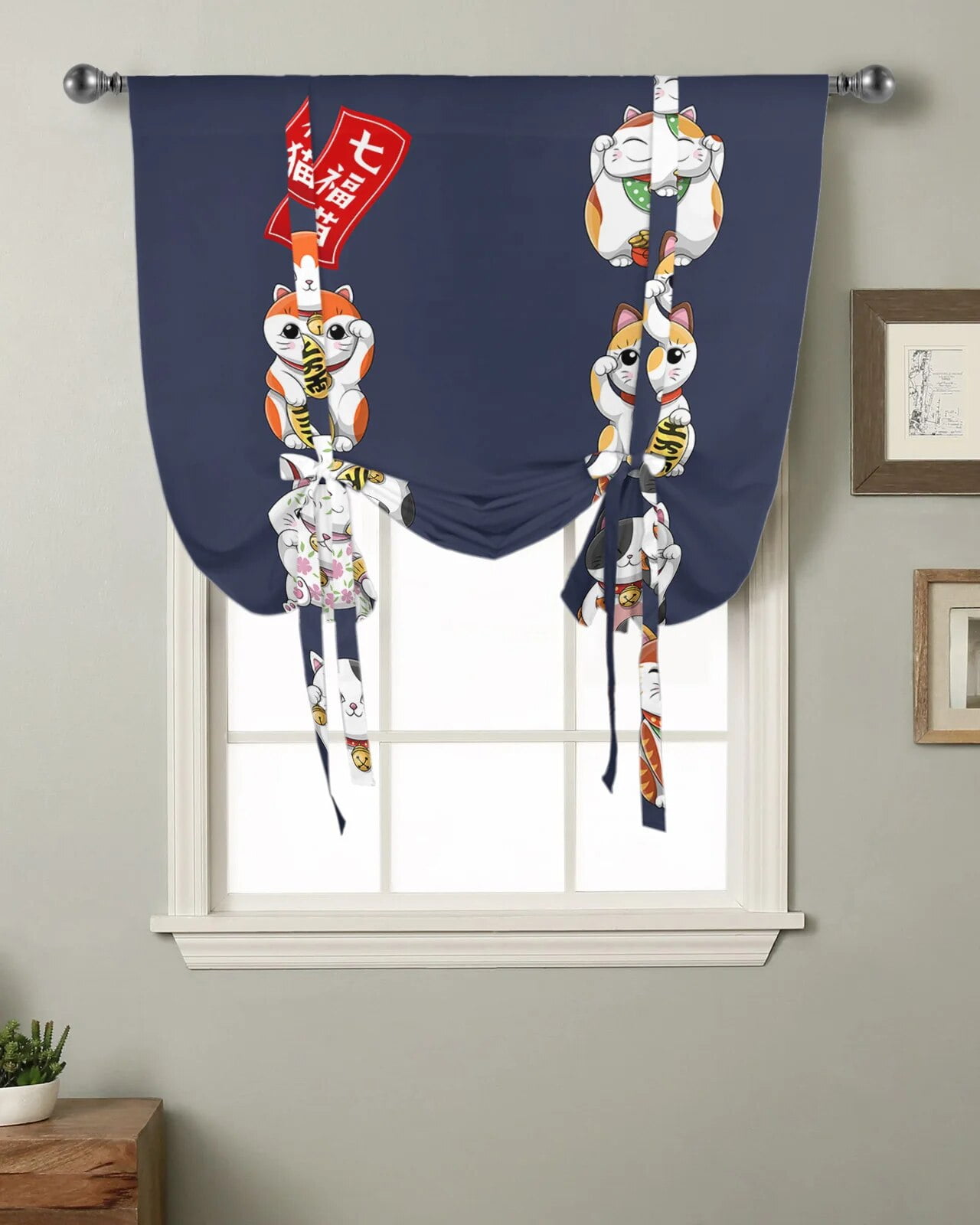 Cartoon Cat Cute Blue Kitchen Short Window Curtain Rod Pocket Curtains ...