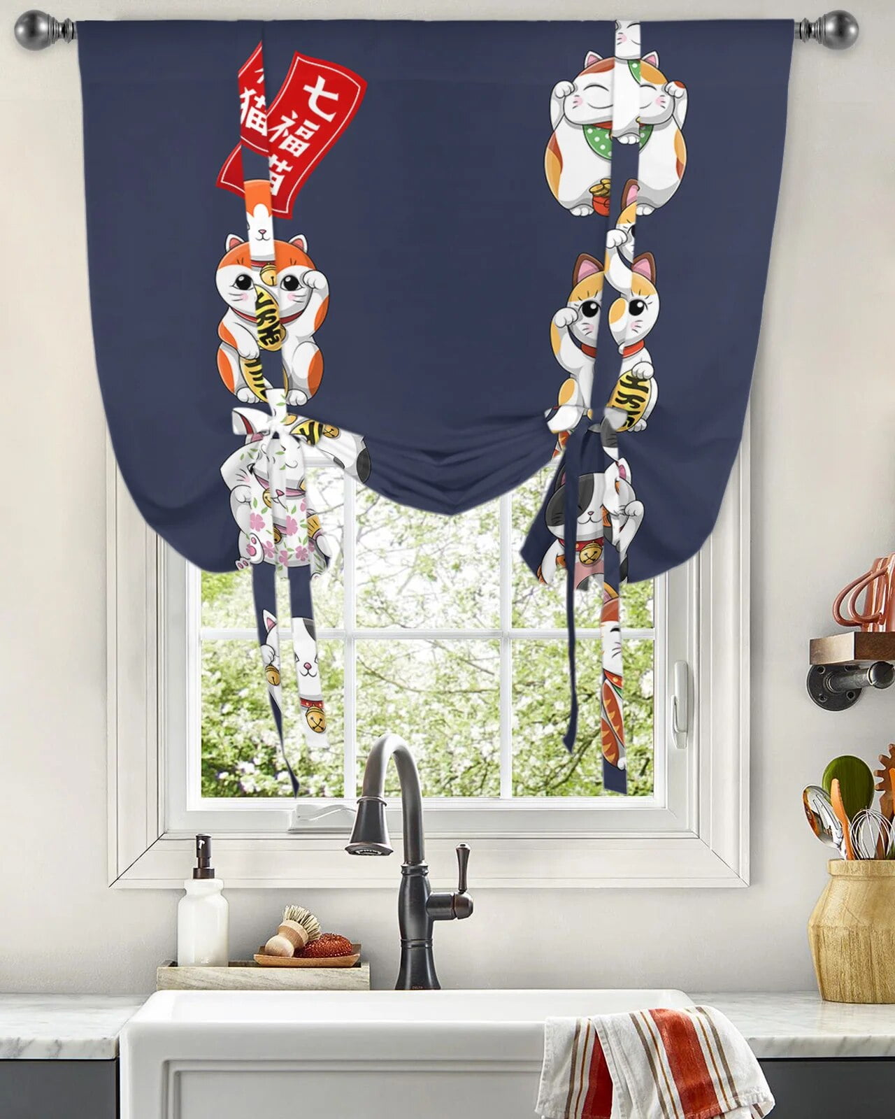 Cartoon Cat Cute Blue Window Curtain for Living Room Bedroom Balcony Cafe Kitchen Tie-up Roman ...