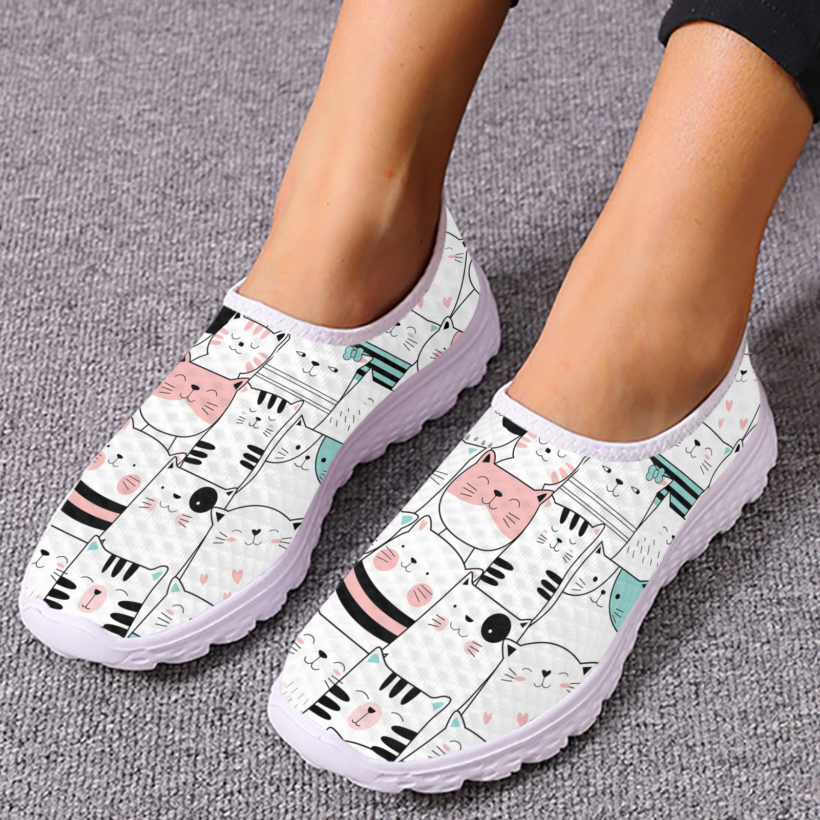 Cartoon Cat Designer Brand Slip-on Shoes Hand-painted Cat Print Loafers ...