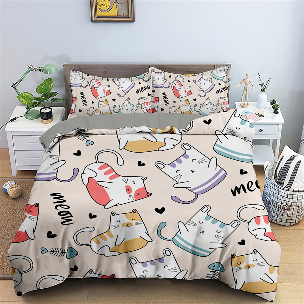Cartoon Cat Duvet Cover Kids Bed Set Cute Kitty Printed Quilt Cover ...