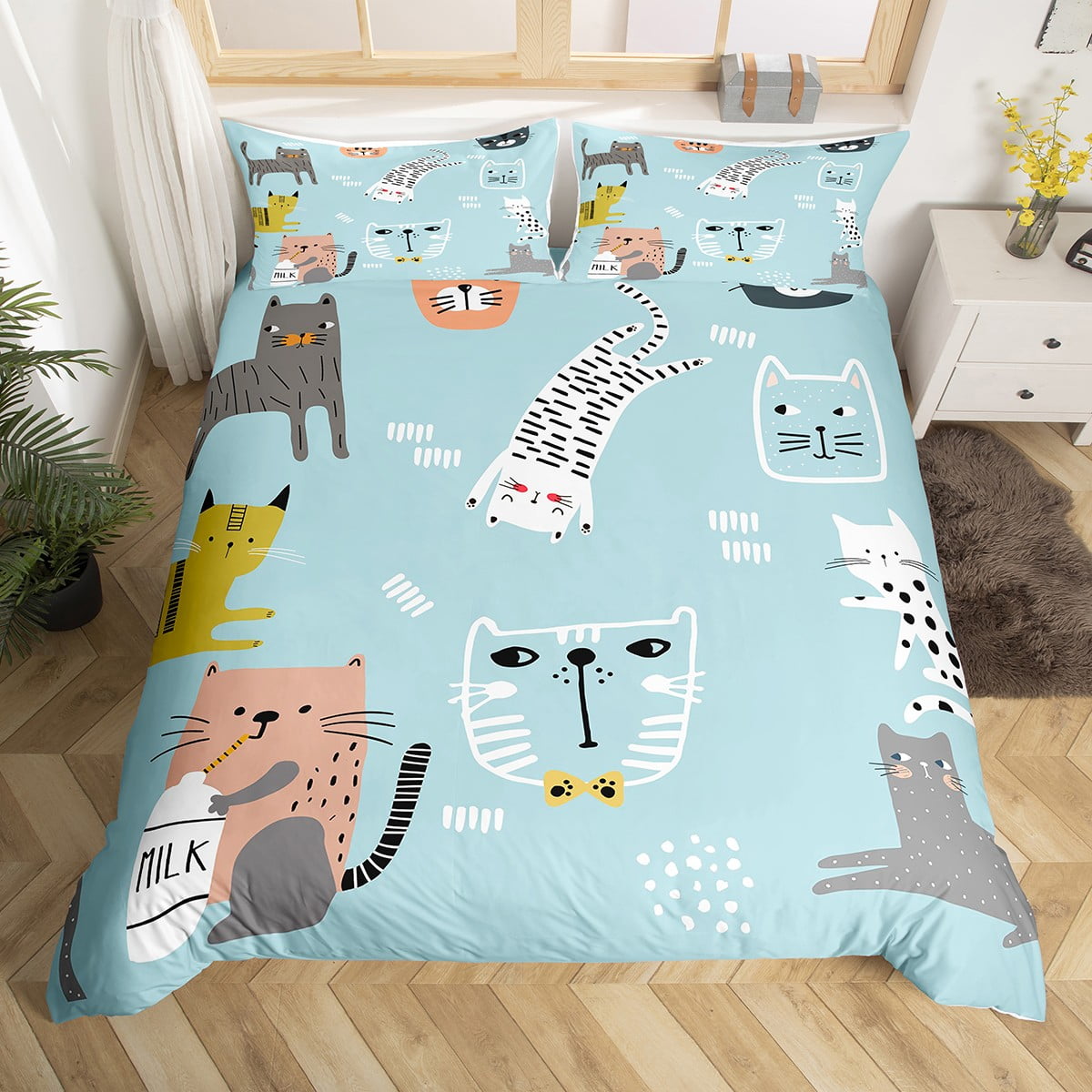 Cartoon Cat Duvet Cover, Cute Cat Bedding Set Queen Size Kawaii Animal ...