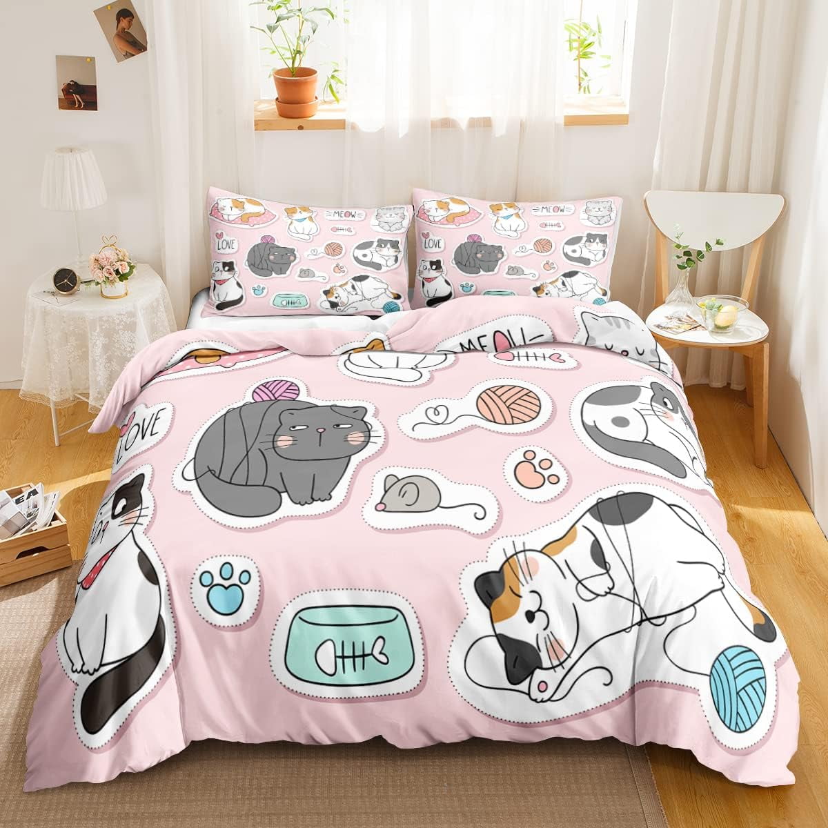 Cartoon Cat Duvet Cover Set, Cat Comforter Set, Twin Size, 3 Piece Set ...