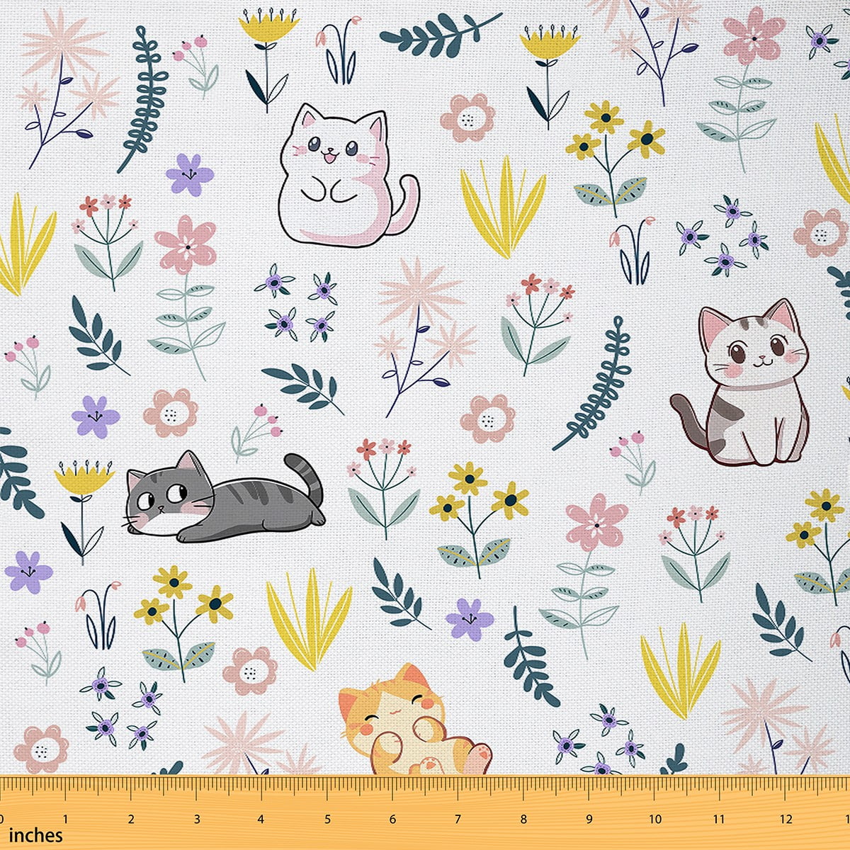 Cartoon Cat Fabric By the Yard,Kawaii Floral Watercolor Waterproof ...