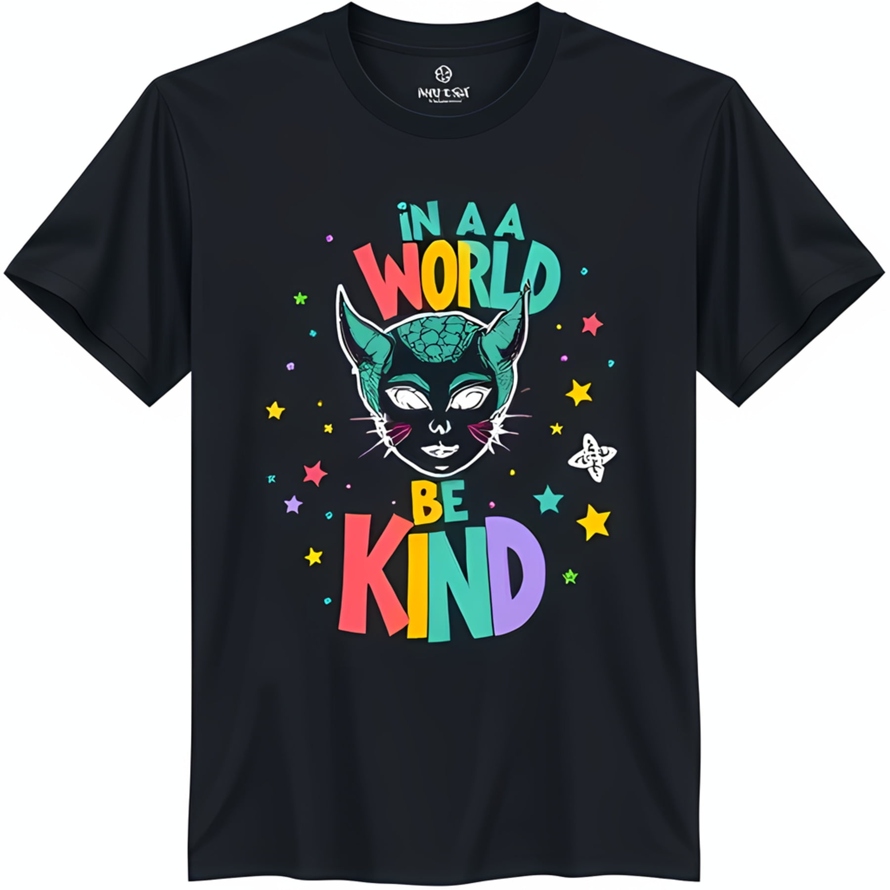 Cartoon Cat Face Black T-Shirt 'In a World Be Kind' Design with ...