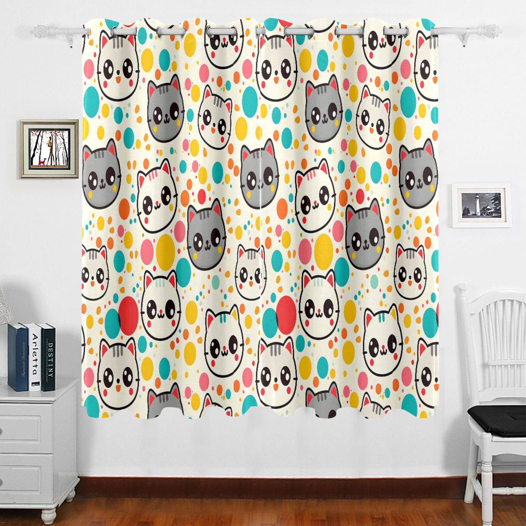 Cartoon Cat Face and Dots Blackout Curtains 63 inch Length 2 Panels ...
