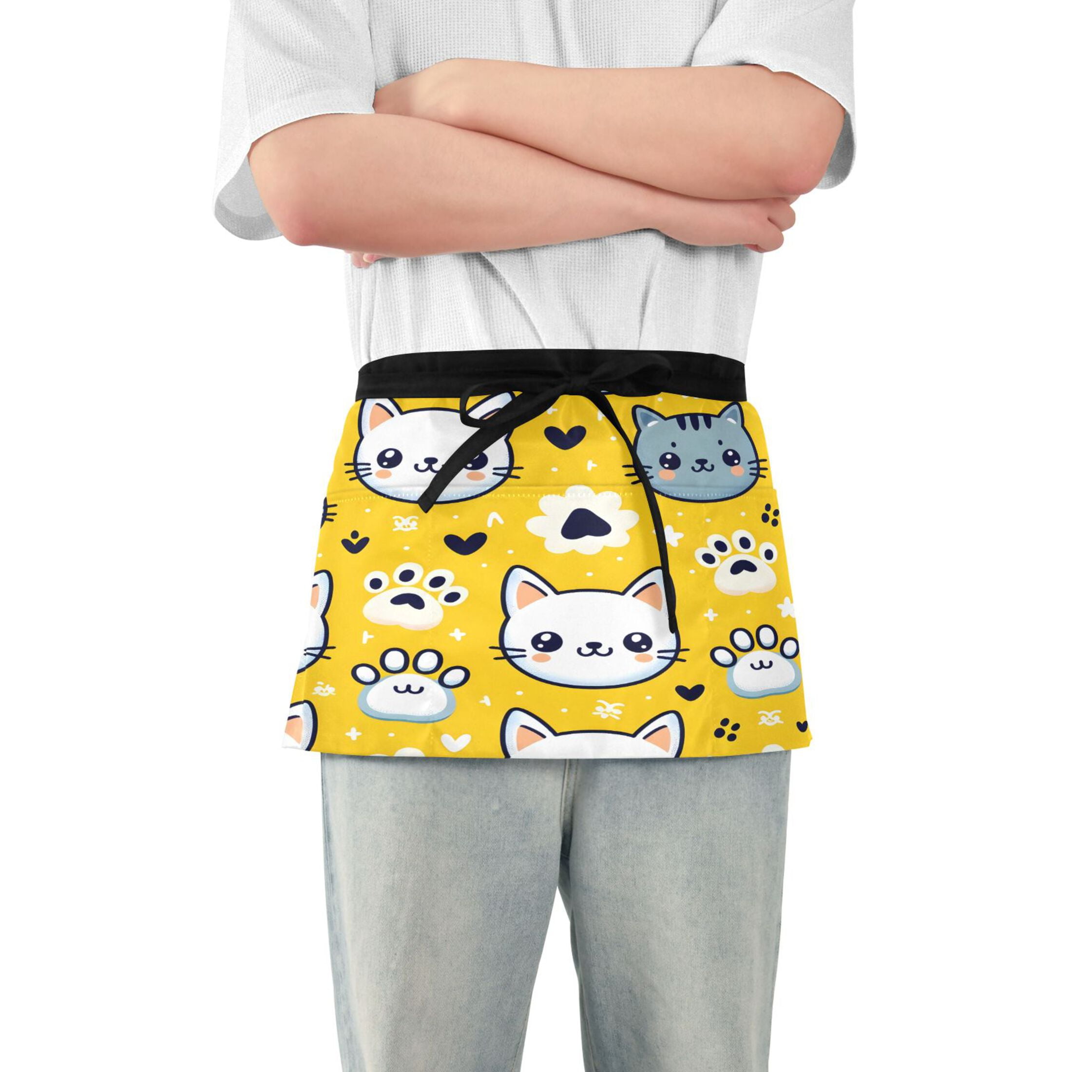 Cartoon Cat Face and Paw Server Apron with 3 Pockets Waterproof ...