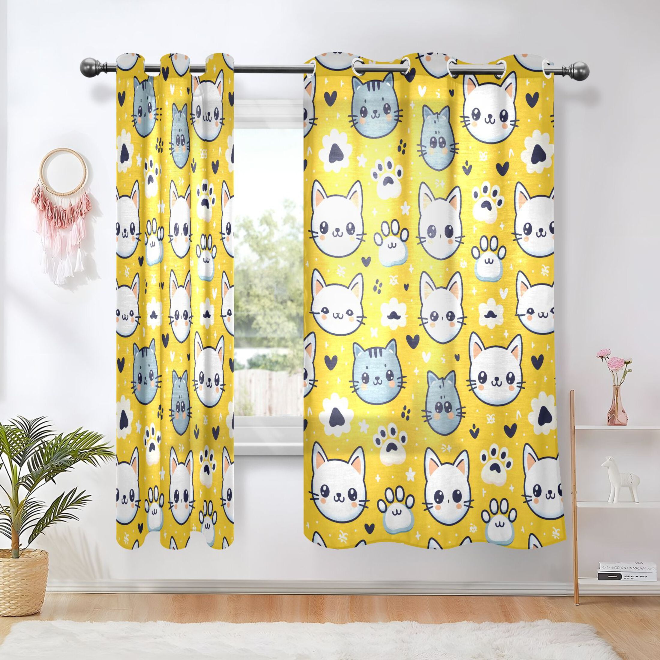 Cartoon Cat Face and Paw Sheer Curtains 2 Panels Set Grommet Drapes for ...