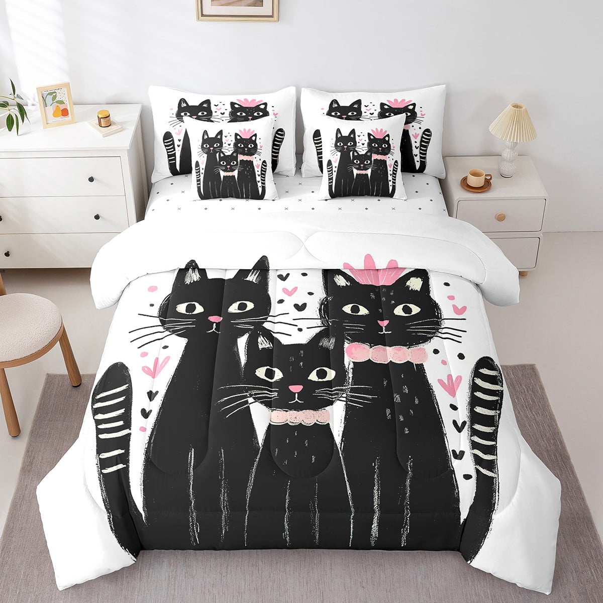 Cartoon Cat Family King Comforter Set 7 Pieces,Doodle Black Kitten ...