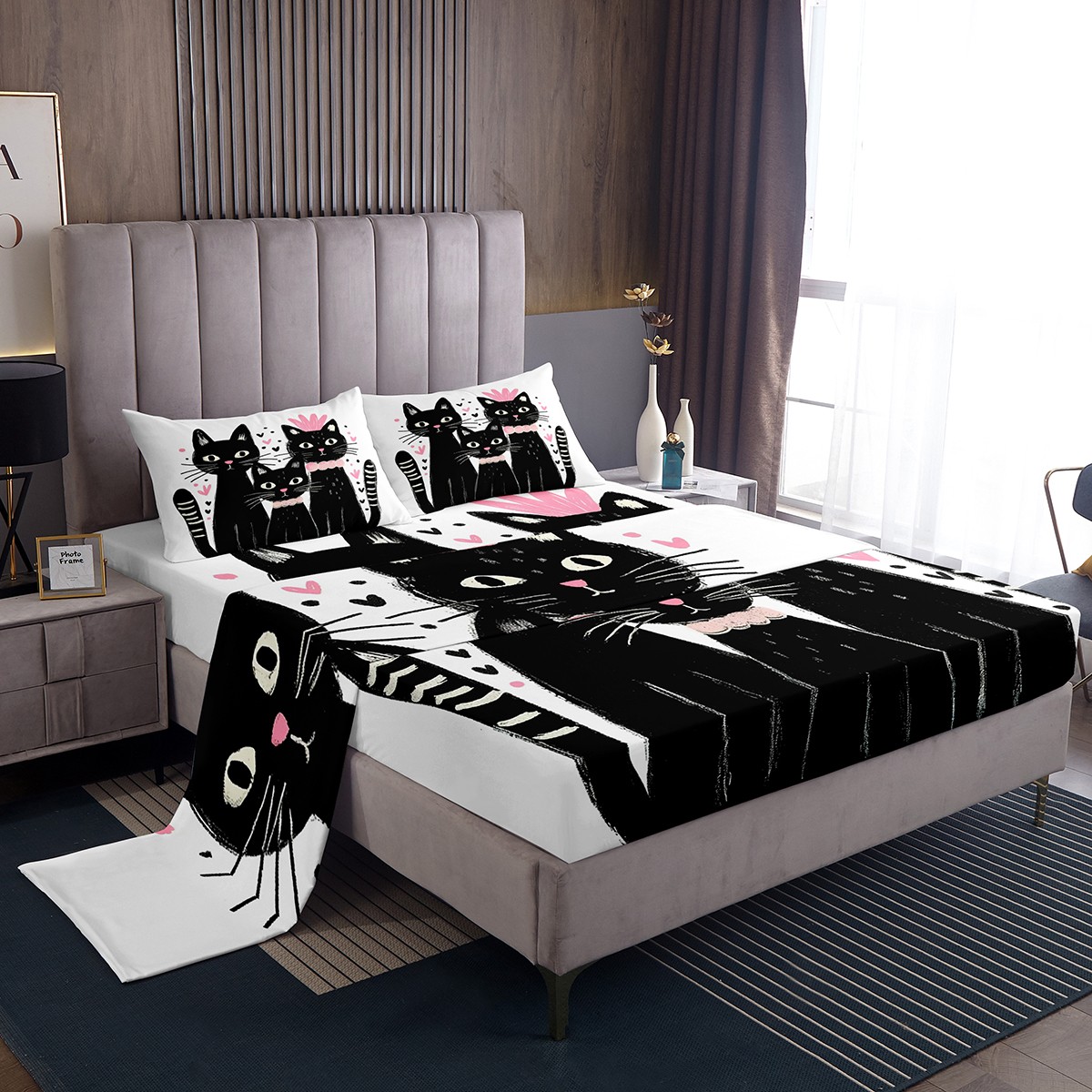Cartoon Cat Family Sheet Set for Teens Adults,Doodle Black Kitten Bed ...