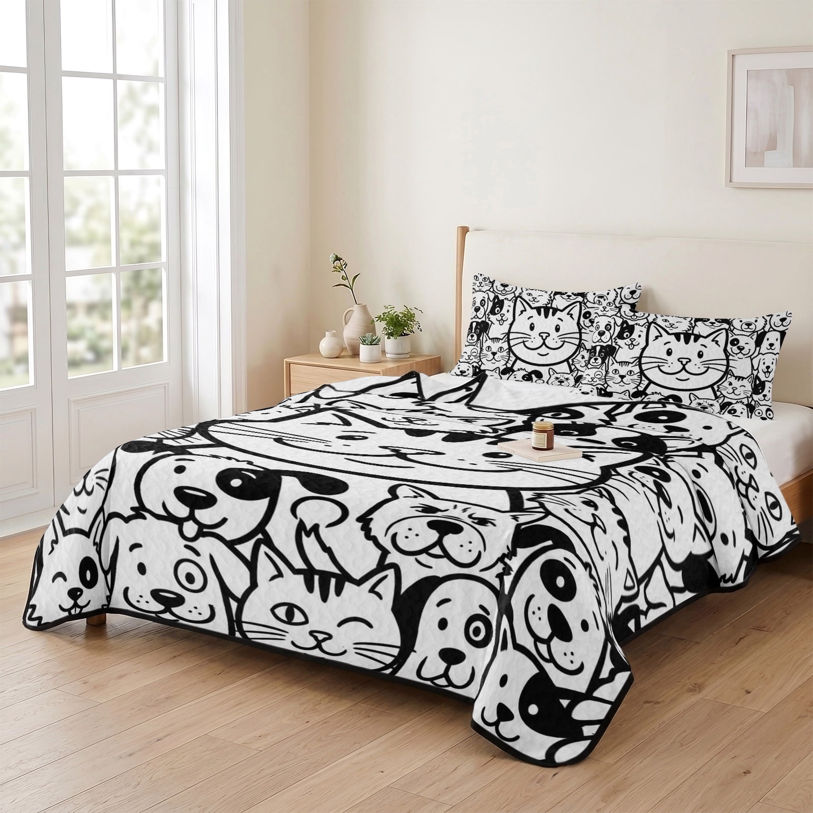 Cartoon Cat Farmhouse Dog 3 Pieces Quilt Set,1 Quilt with 2 Shams,Funny ...