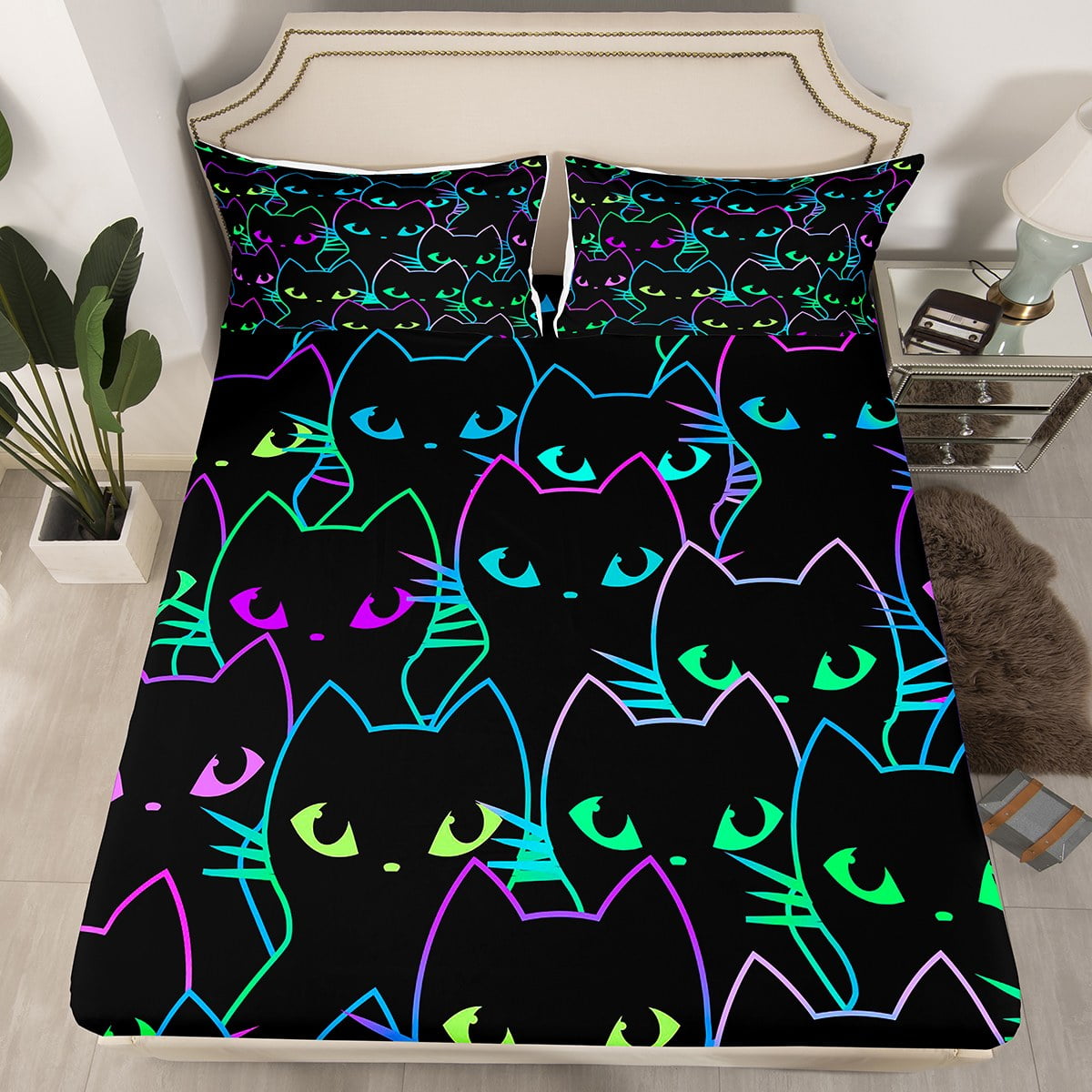 Cartoon Cat Fitted Sheet Simple Strokes Cat Themed Bed Sheets Bedroom ...