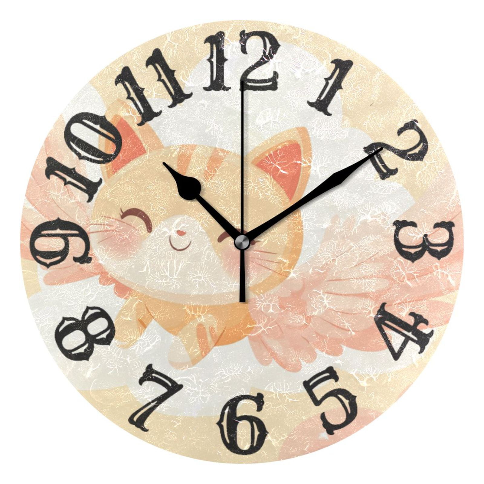 Cartoon Cat Fly Wall Clock 10 inch Non-Ticking Easy to Read Decorative ...
