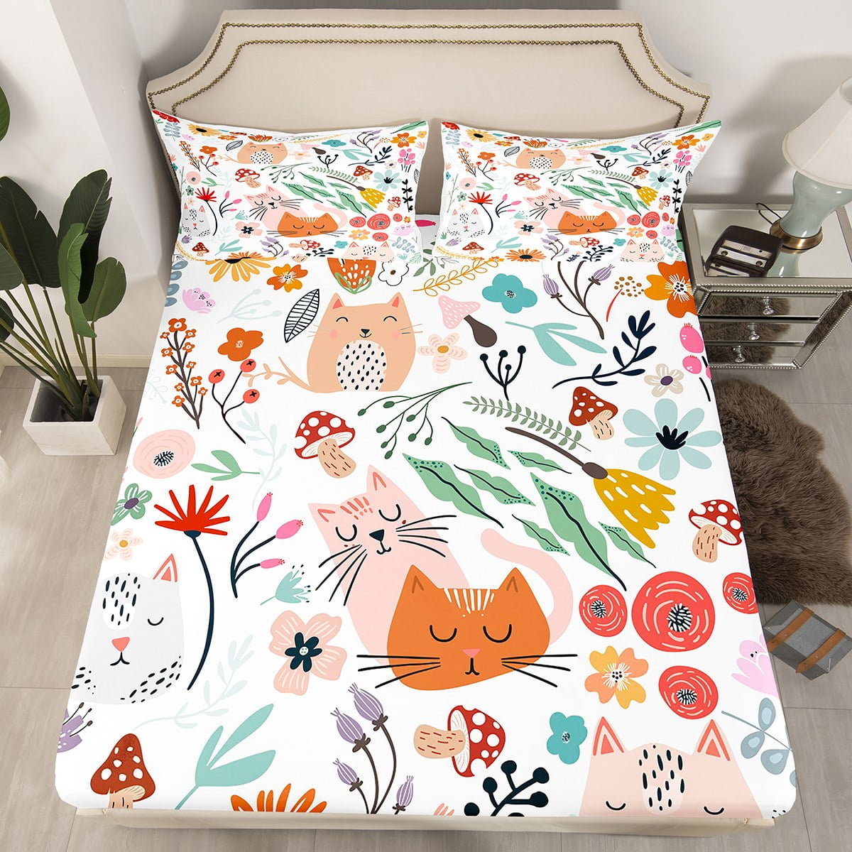 Cartoon Cat Full Bed Sheets,Floral Sheets Cute Animal Kitten Fitted ...