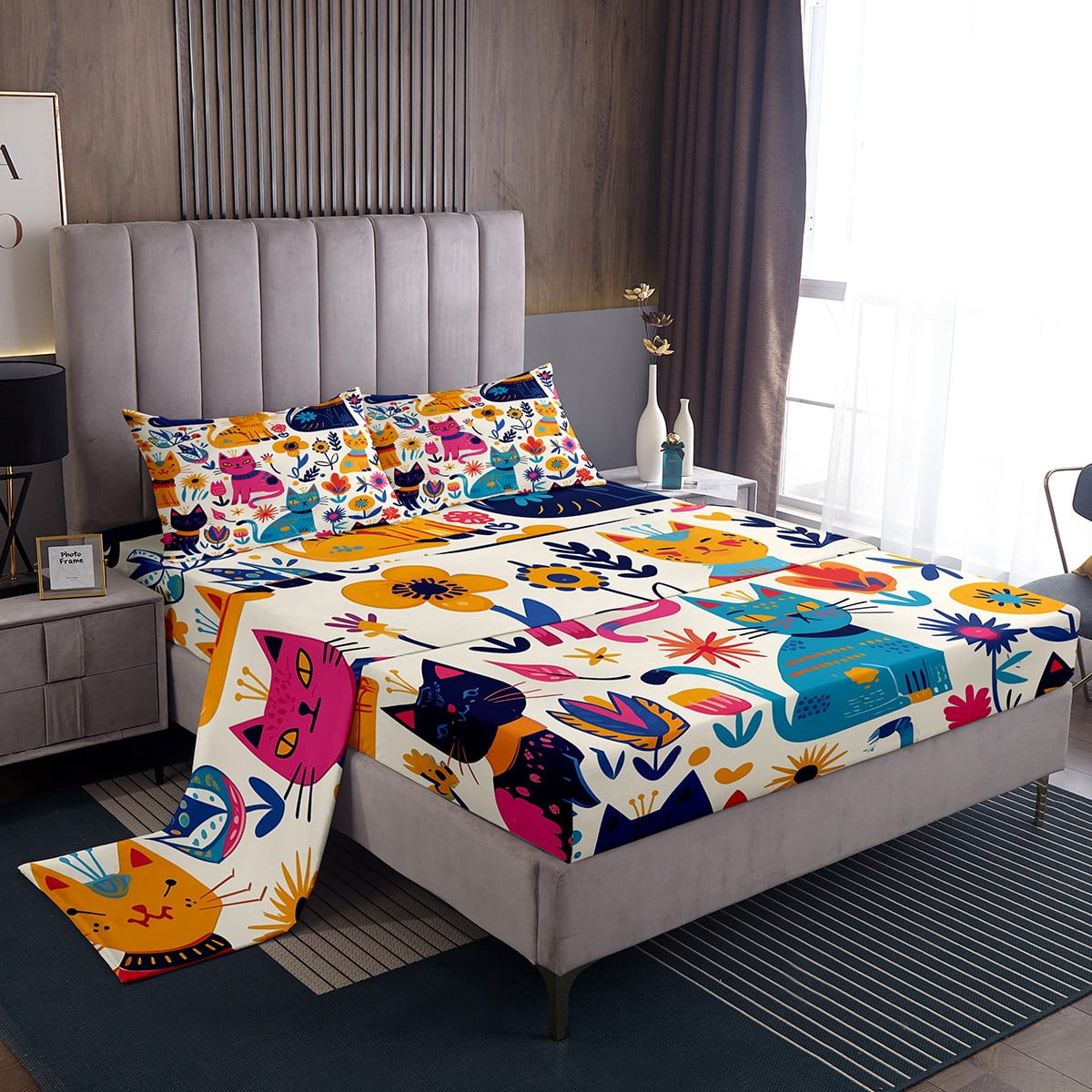 Cartoon Cat Full Sheet Set Bohemian Flowers Bed Sheets Set,Colorful ...