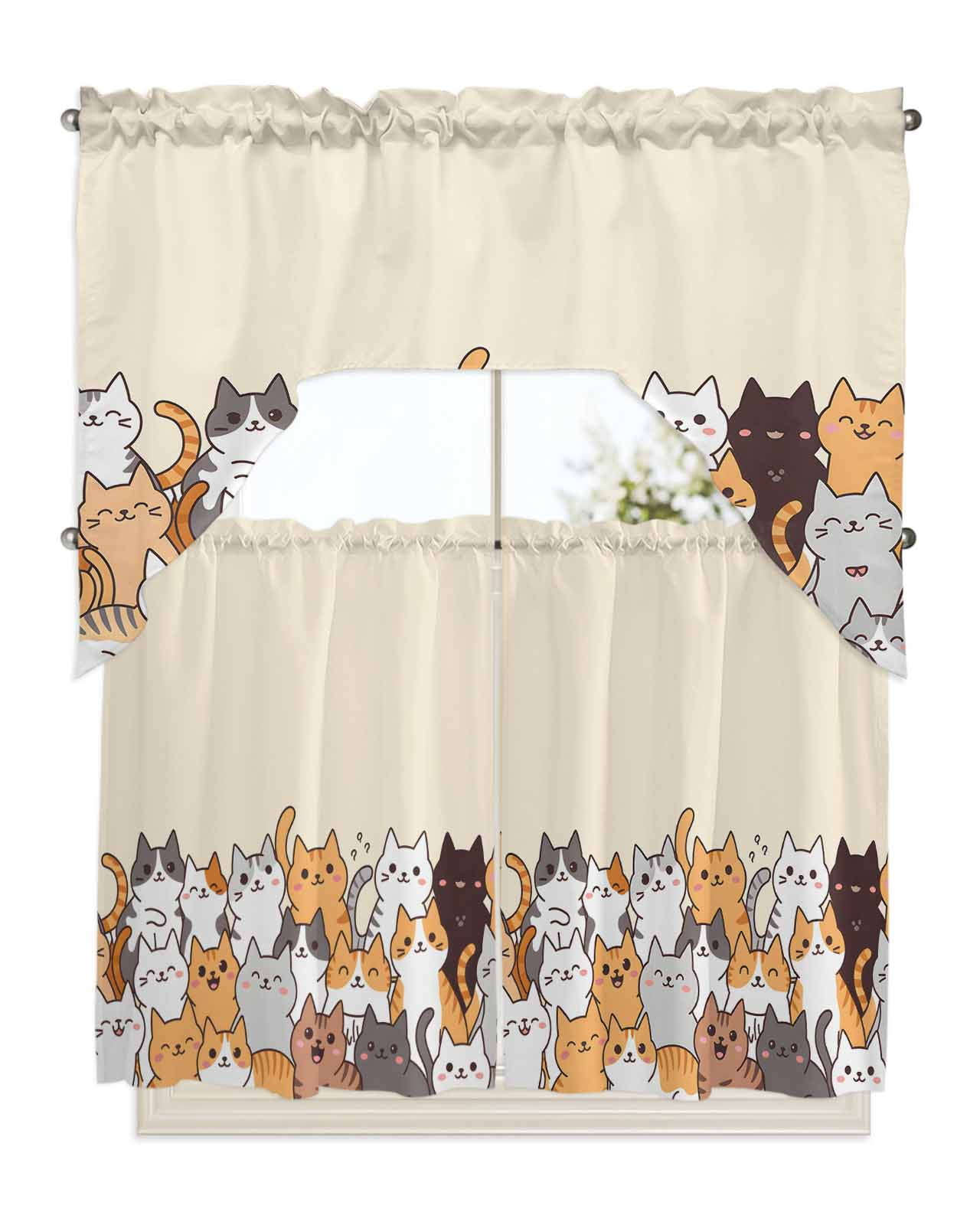 Cartoon Cat Kitchen Curtains Swag Valance and Tier Curtains Set 36 Inch ...