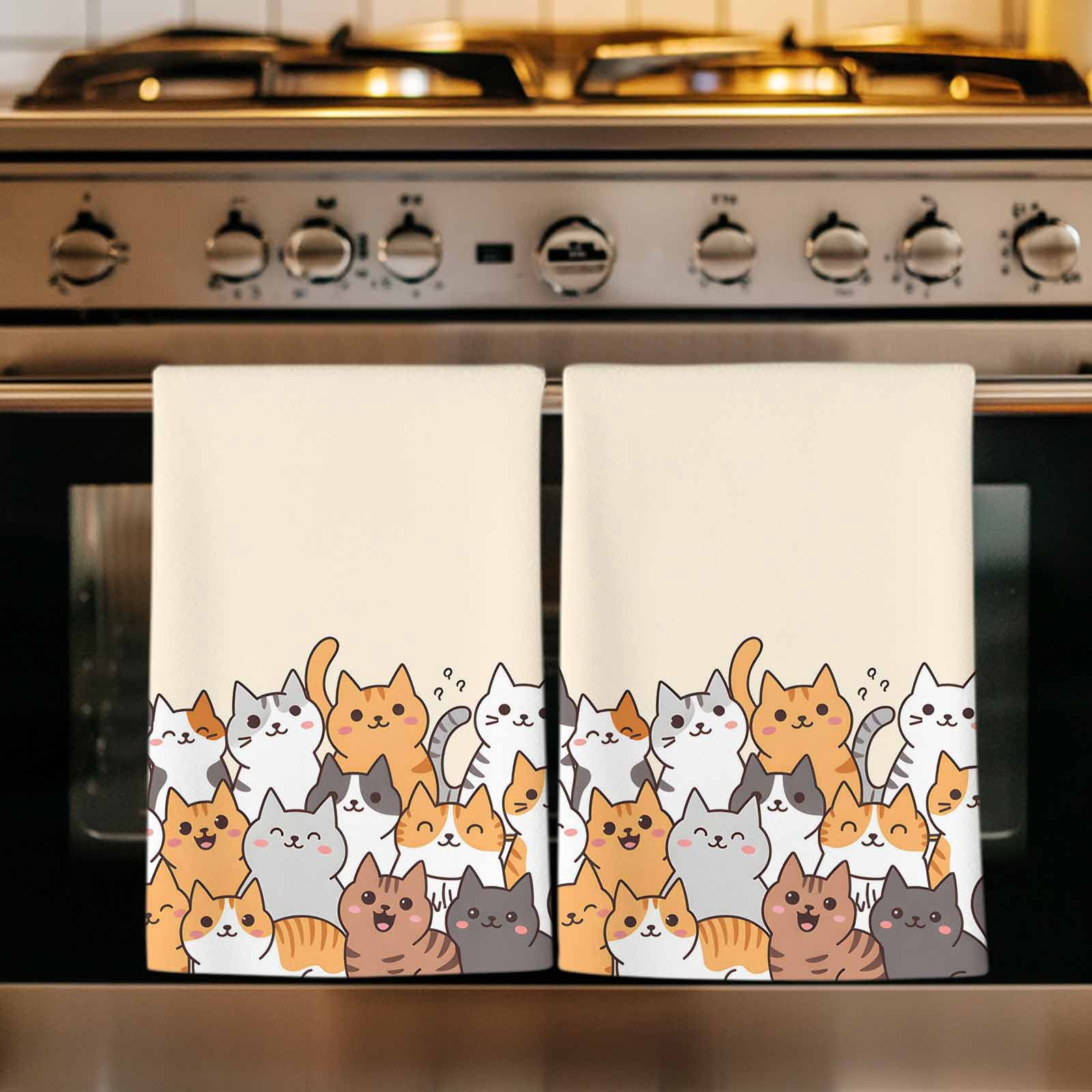 Cartoon Cat Kitchen Towels Set of 2, Modern Simple Funny Cute Animals ...