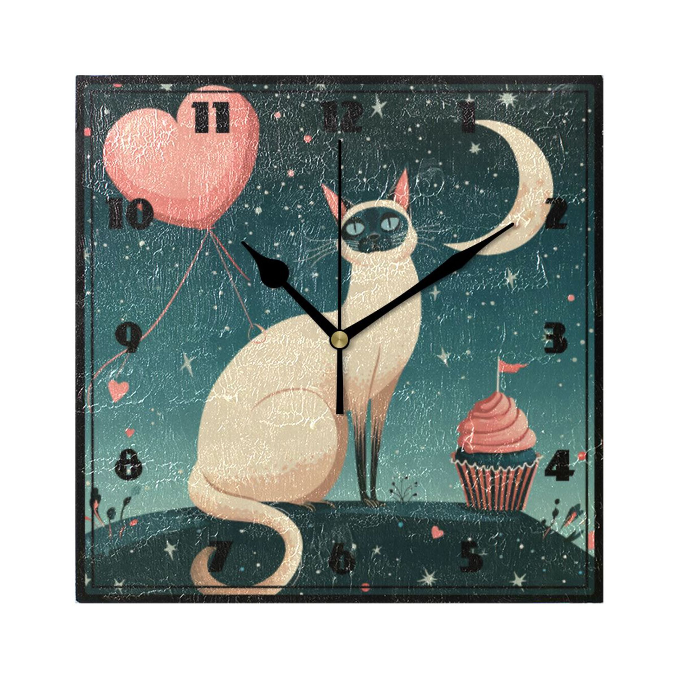 Cartoon Cat Moon Heart Wall Clock 7.78" Non-Ticking Silent Battery ...