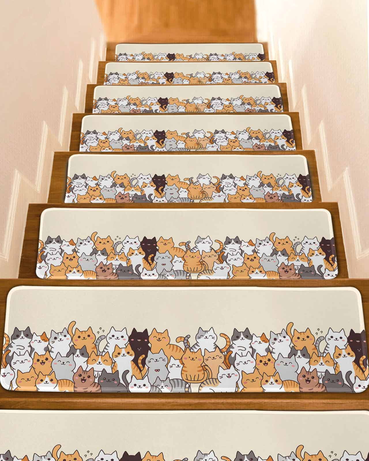 Cartoon Cat Non-Slip Stair Treads for Wooden Steps, 10 Pack-8x30in ...