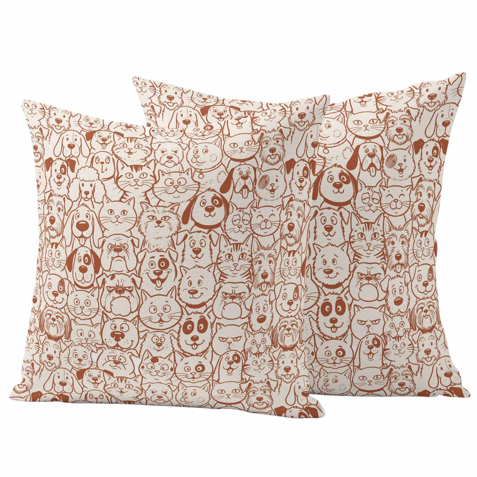 Cartoon Cat Outdoor Pillow Covers Set of 2 Cute Dog Vintage Brown Line ...