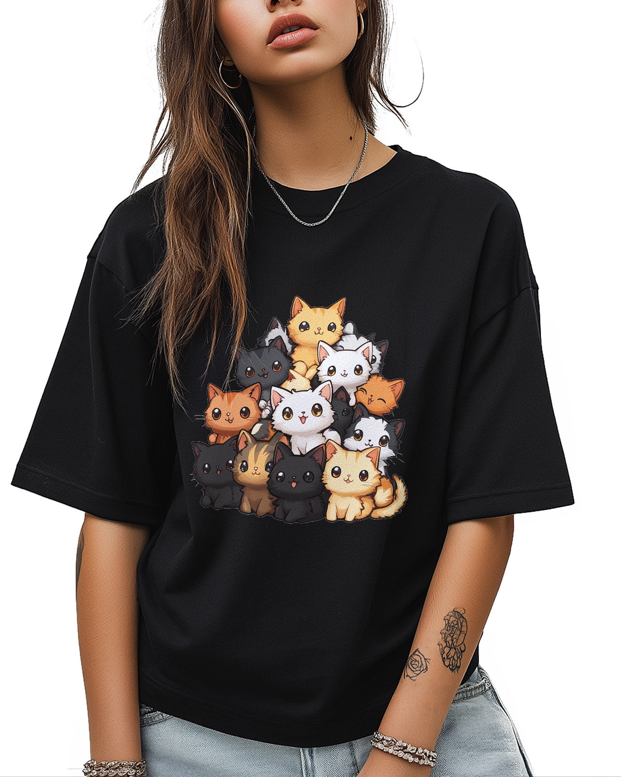 Cartoon Cat Pet T Shirts for Women Short Sleeve Cotton Crewneck T-Shirt ...