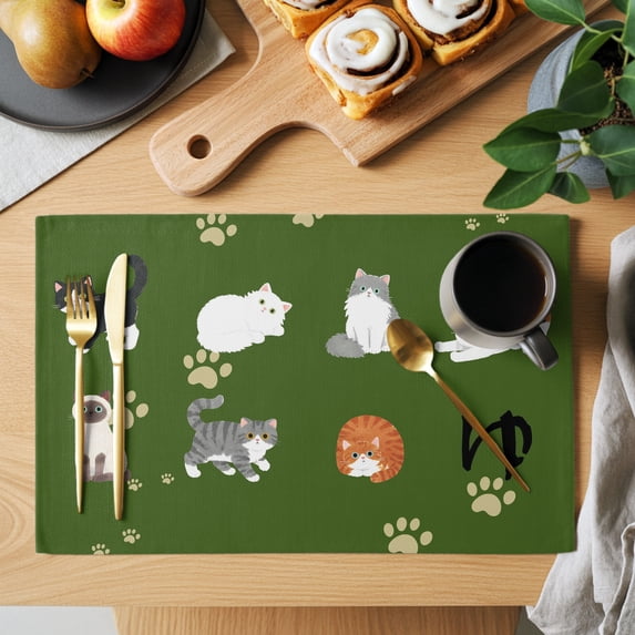 Cartoon Cat Placemats Set of 1 Modern Playful Orange Gray Animal Olive ...