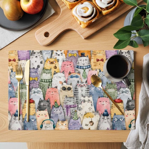 Cartoon Cat Placemats Set of 1 Playful Cute Animal Whiskered Kittens ...