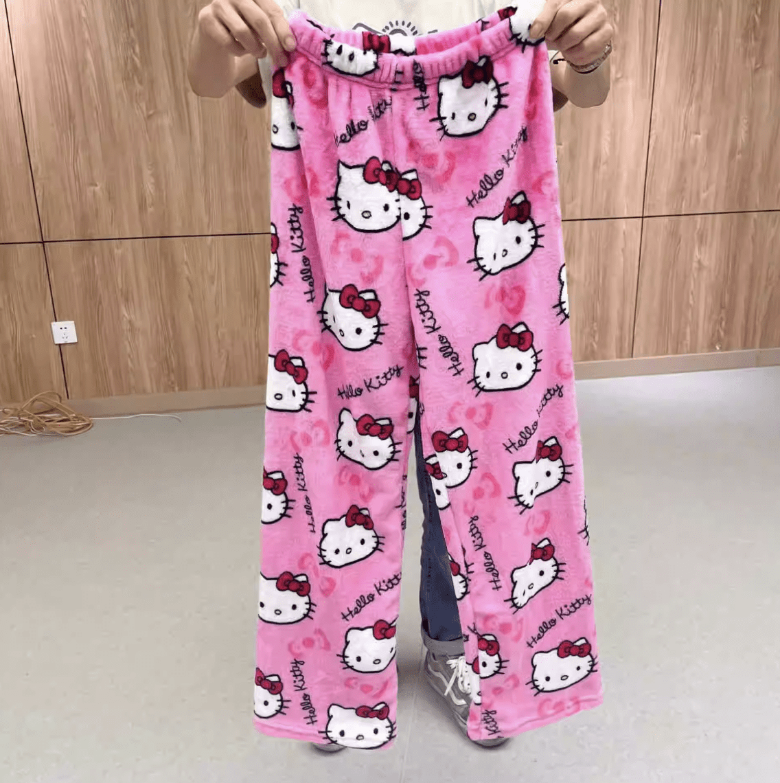 Cartoon Cat Print Fleece Lounge Pants, Soft Plush Casual Sleep Bottoms ...