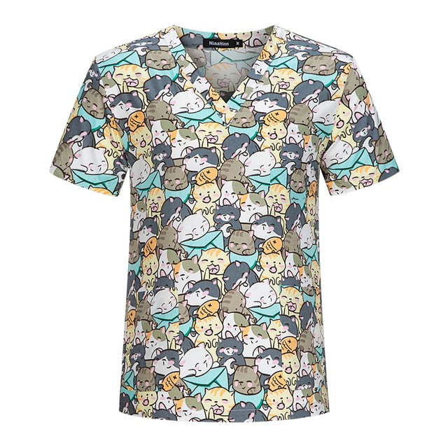 Cartoon Cat Print Scrubs Medical Uniforms Women Spa Beauty Salon Pet ...