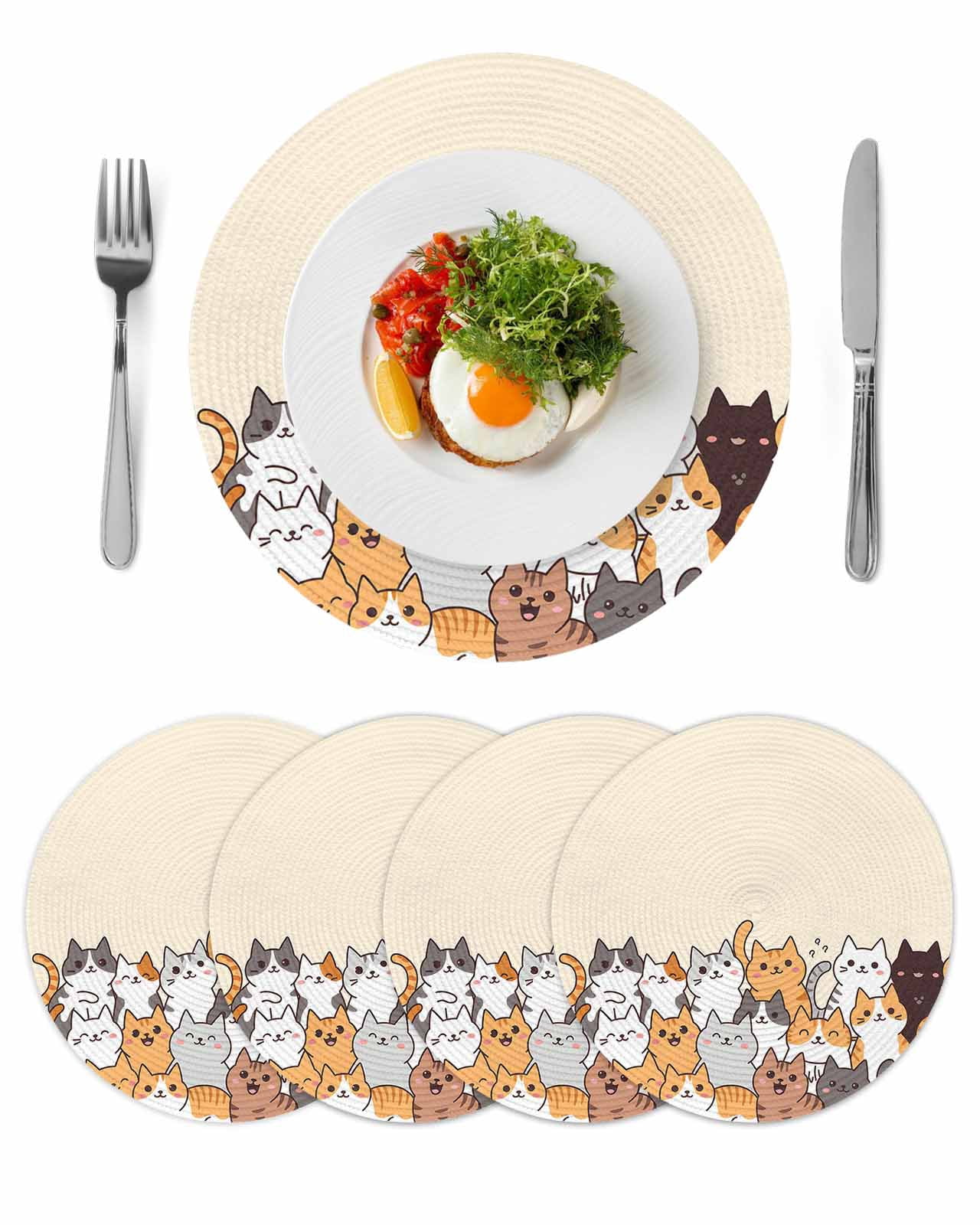 Cartoon Cat Round 15 Inch Placemats Set of 4, Modern Simple Funny Cute ...