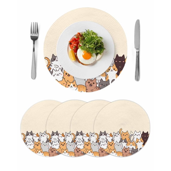 Cartoon Cat Round 15 Inch Placemats Set of 4, Modern Simple Funny Cute ...