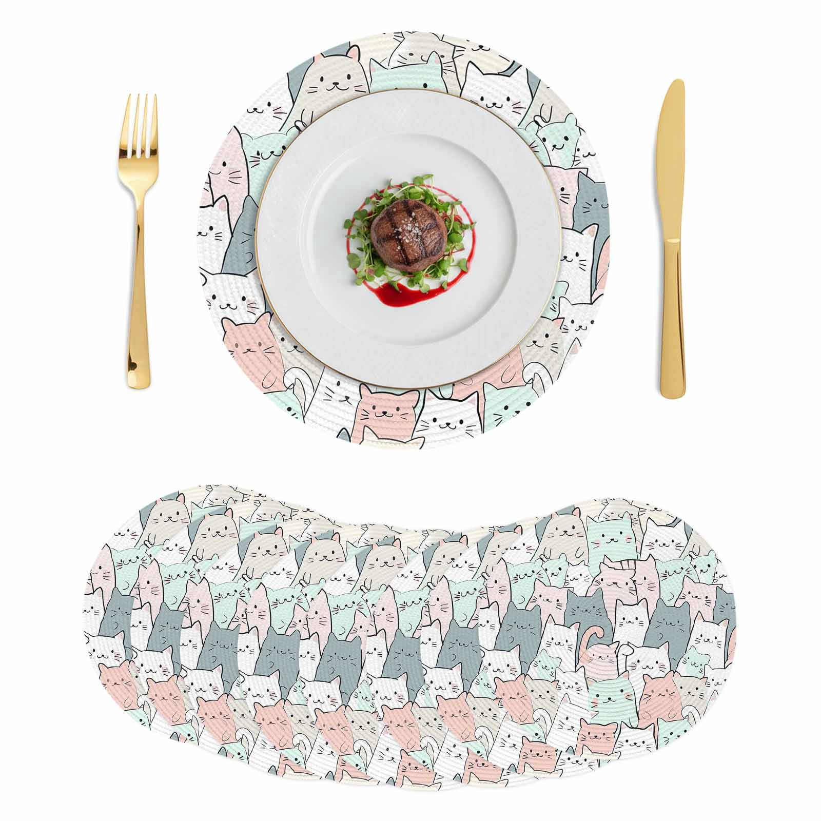 Cartoon Cat Round Placemats Set of 8, Braided Polypropylene Place Mats ...