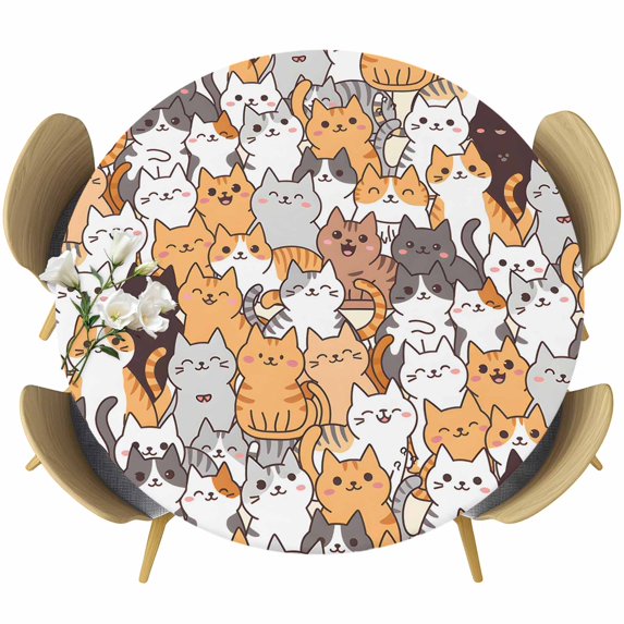 Cartoon Cat Round Tablecloth, Fitted Table Cover with Elastic for 36 ...