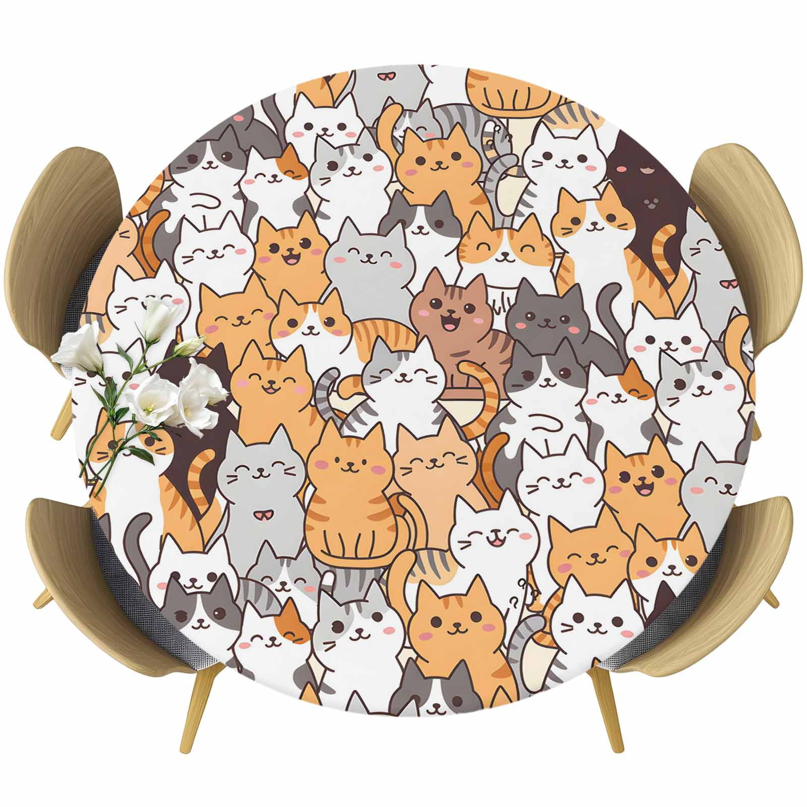 Cartoon Cat Round Tablecloth, Fitted Table Cover with Elastic for 45 ...