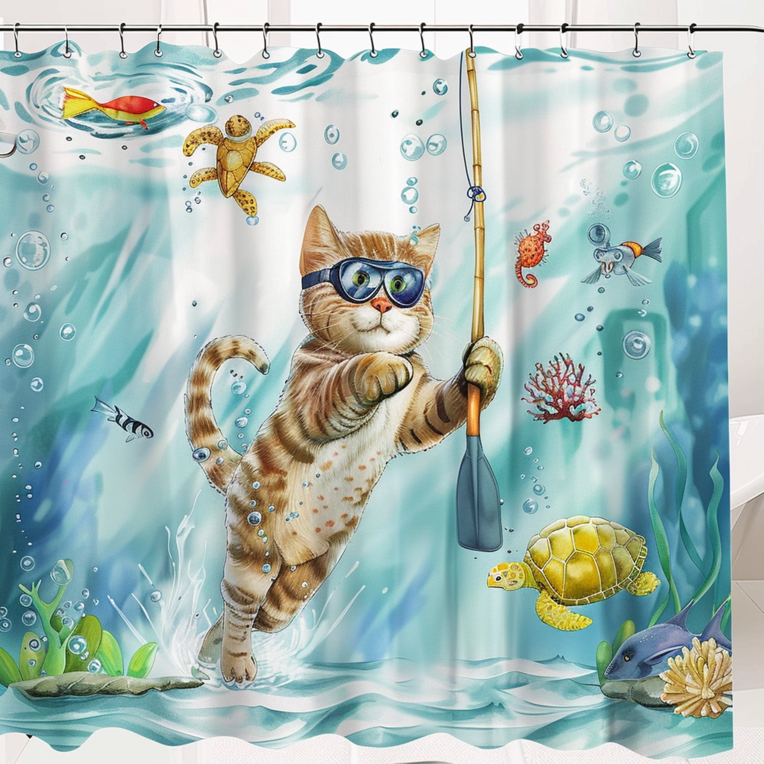 Cartoon Cat Scuba Diver Shower Curtain Underwater Theme Watercolor ...